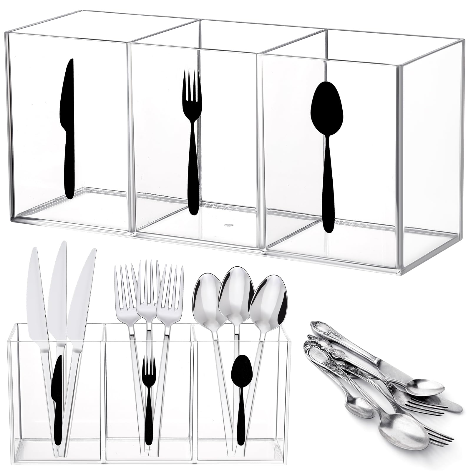 Suzile Acrylic Cutlery Storage Organizer Bin Clear Silverware Caddy Countertop Knife Spoon and Fork Holder Kitchen 3 Section Tableware Storage Box for Cabinet Indoor Outdoor Home Flatware Dining Room