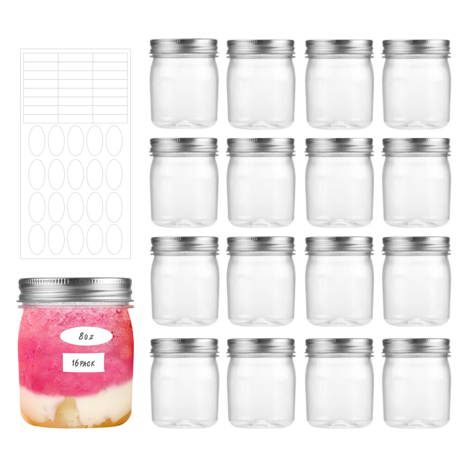 Party Club of America 16 Pack 8OZ Sliver Plastic Jars With Screw On Lidsļ¼Plastic Mason Jars Food Storage Container For Storing Dry Food, Candy, Cream,Peanut, Butter