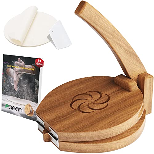 panan Wooden Tortilla Press Mexican Tortillera Presser Made from Natural Food-Grade Acacia Wood - Large Wood Pataconera with 50 Pieces Parchment Paper, Dough Cutter and Recipes eBook (Round 10")
