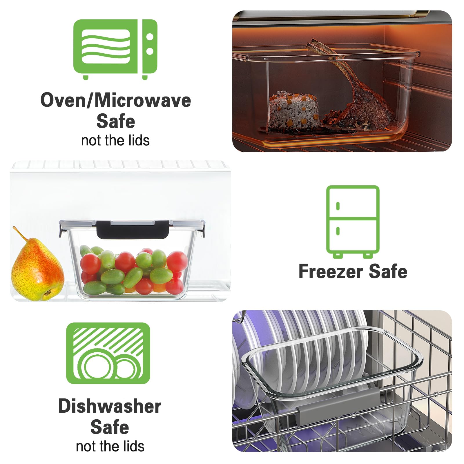 HOMBERKING 4 Pieces 63oz/8cup Large Glass Food Storage Containers, Meal Prep, Airtight Bento Boxes with Leak Proof Locking Lids for Microwave/Oven Freezer Dishwasher, BPA Free(2 Containers + 2 Lids)