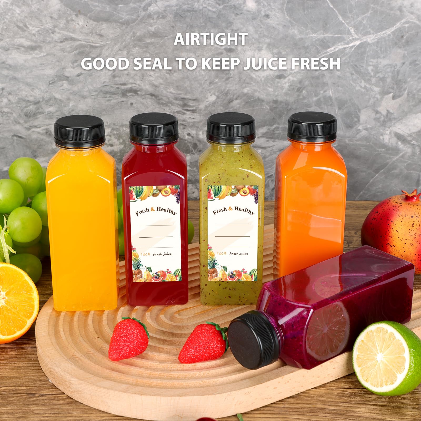 Moretoes 128pcs 12oz Juice Bottles, Plastic Juice Bottles with Caps, Reusable Drink Containers for Juicing, Smoothie and Other Beverages