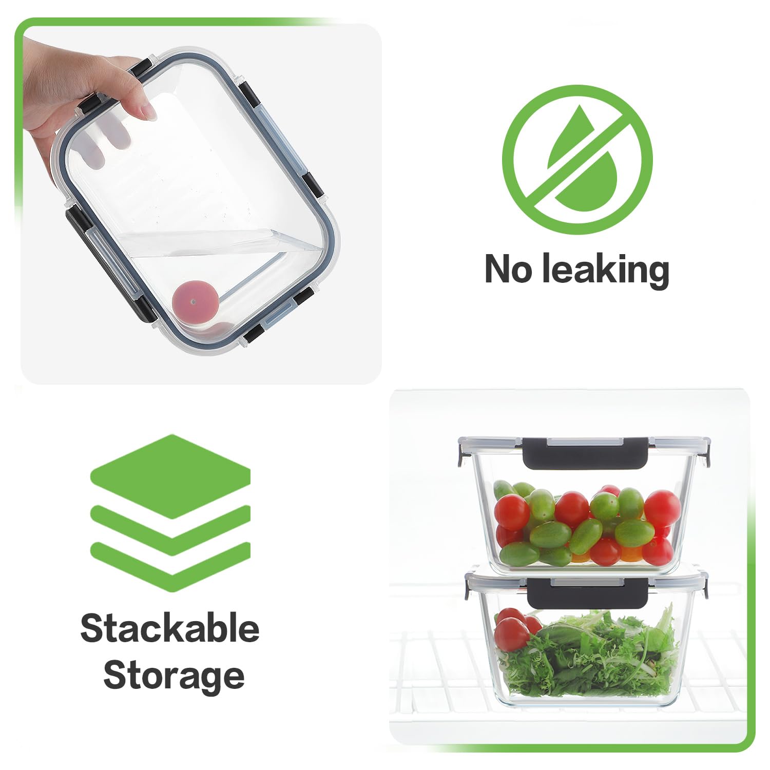 HOMBERKING 4 Pieces 63oz/8cup Large Glass Food Storage Containers, Meal Prep, Airtight Bento Boxes with Leak Proof Locking Lids for Microwave/Oven Freezer Dishwasher, BPA Free(2 Containers + 2 Lids)