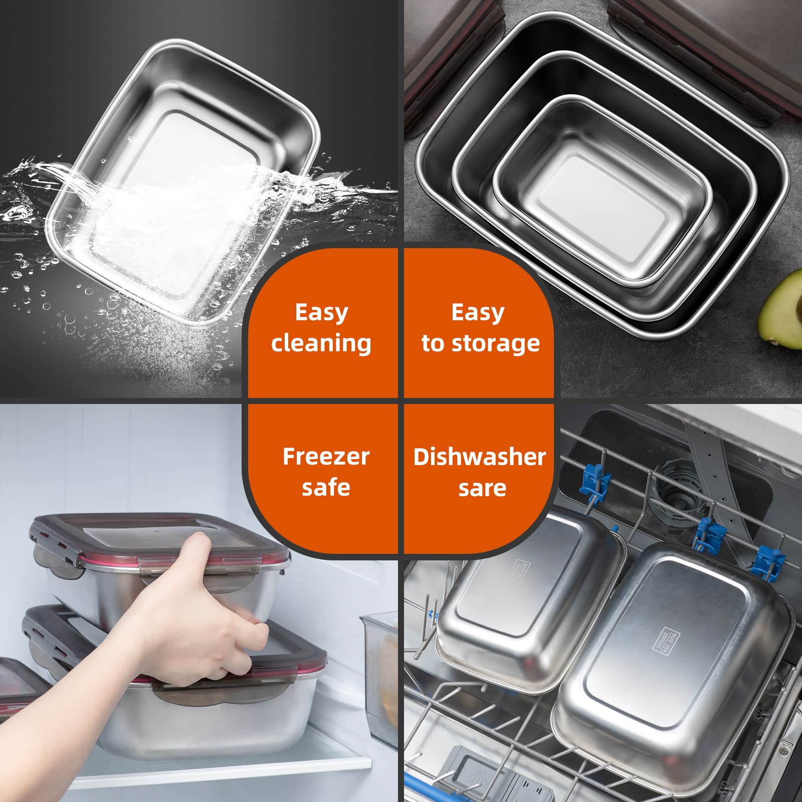 XingXiuSis Stainless Steel Food Storage Container with Lids Set of 3 Leak-proof Metal Food Containers Meal Prep Containers Lunch Box for Dishwasher/Freezer/Oven Safe, 600ml/ 1500ml/ 2900ml Stackable