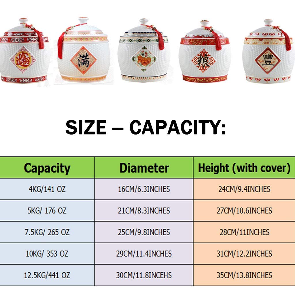 Classic Food Dispensers Ceramic Rice Bucket with Tassel Design, Household Rice Storage Box with Lid, Chinese Sealed Large-Capacity Rice Pot, 4-12.5KG/141-441 OZ