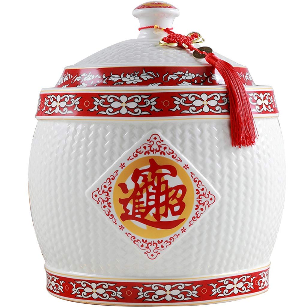 Classic Food Dispensers Ceramic Rice Bucket with Tassel Design, Household Rice Storage Box with Lid, Chinese Sealed Large-Capacity Rice Pot, 4-12.5KG/141-441 OZ