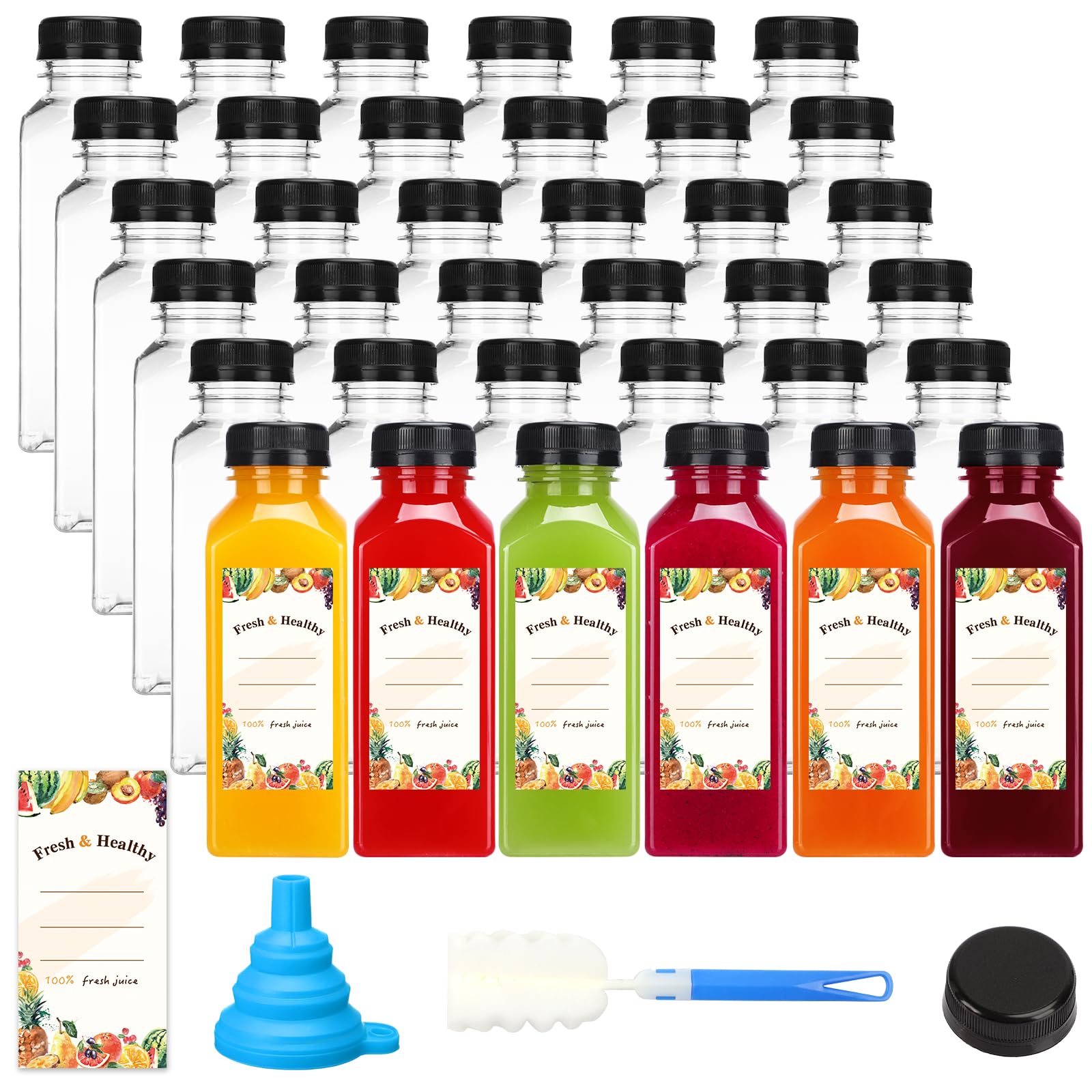 Moretoes 128pcs 12oz Juice Bottles, Plastic Juice Bottles with Caps, Reusable Drink Containers for Juicing, Smoothie and Other Beverages