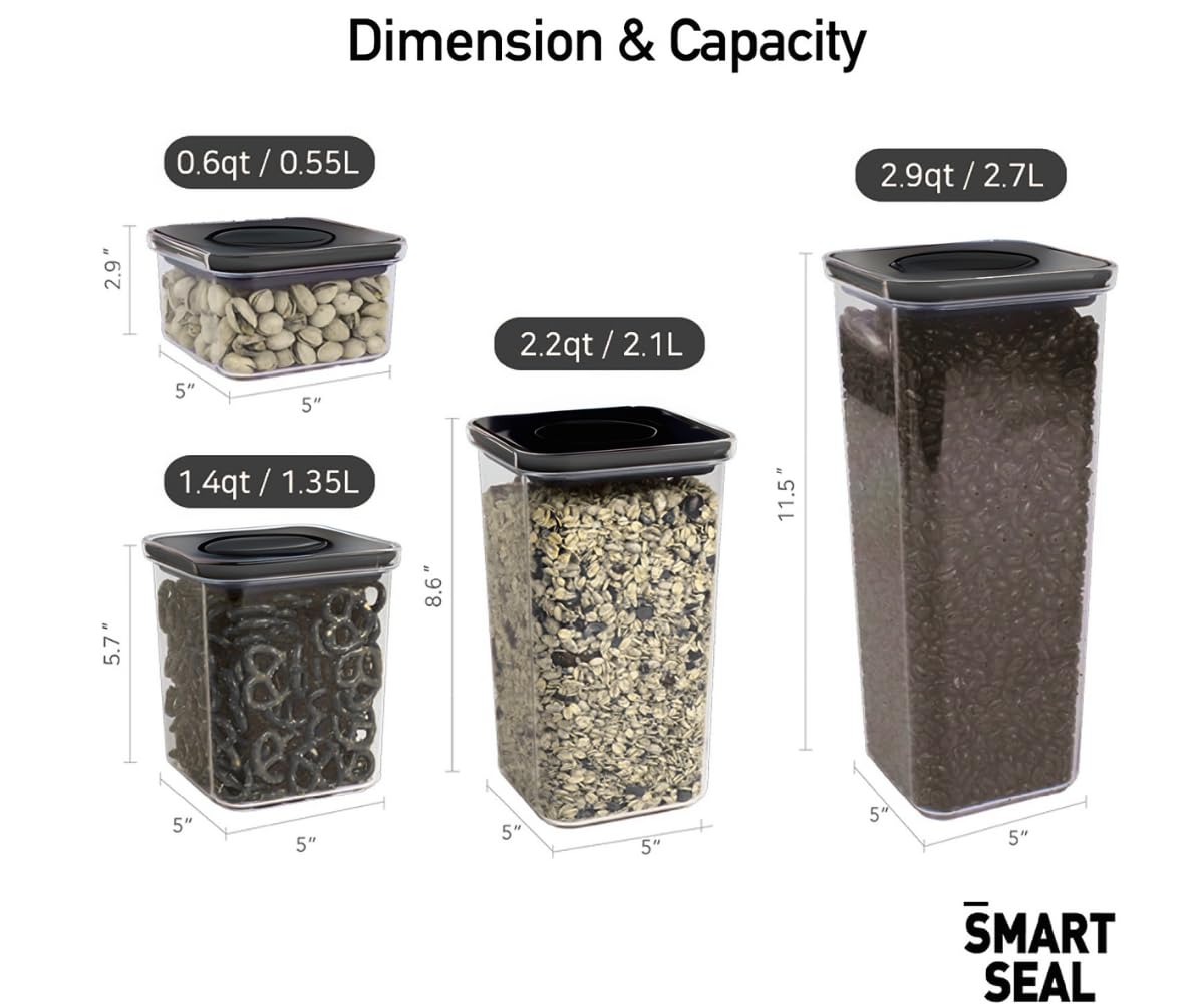 Neoflam Airtight Smart Seal Food Storage Container (Set of 3) | Crystal Clear Body, Matte Black Lid | Modular, Stackable, Nestable Design | Easy to Clean, BPA Free (Square, 1.4L)