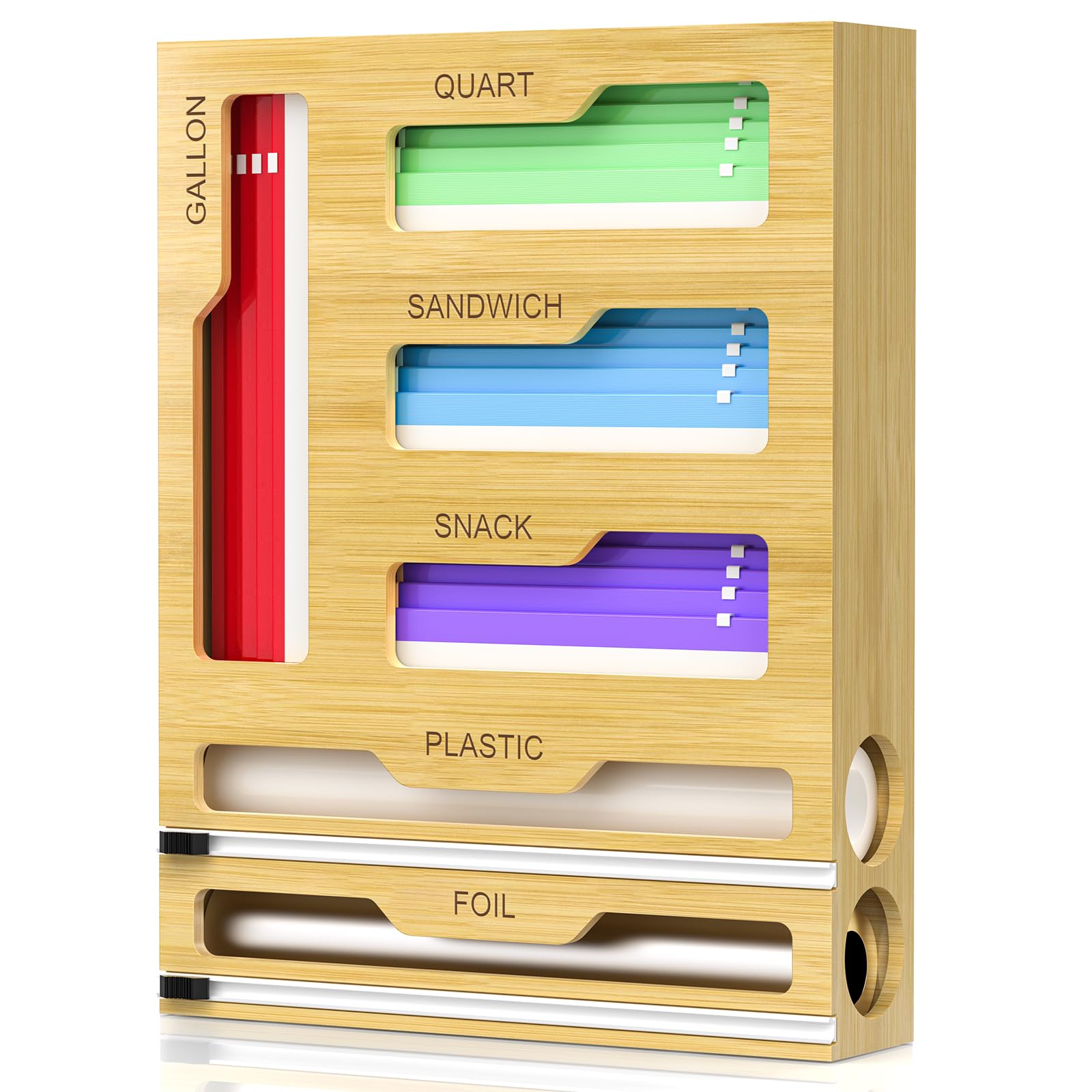 HOSTENU 6 in 1 Storage Bag Organizer for Kitchen Drawer, Bamboo Foil and Plastic Wrap Dispenser with Cutter, Food Baggie Organizer for Drawer, Plastic Bag Organizer for Gallon, Quart, Sandwich, Snack