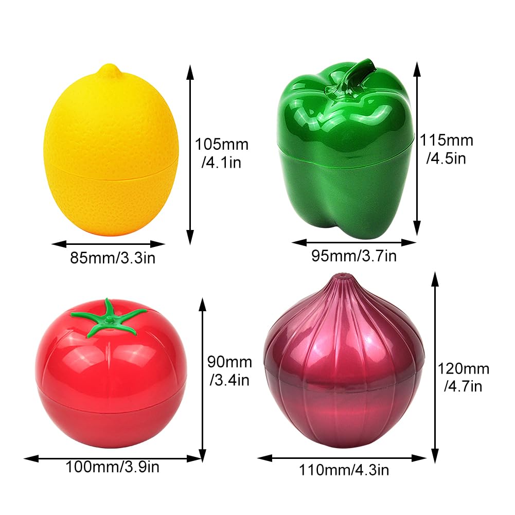 CALIDAKA 4PCS Fruit and Vegetable Shaped Food Saver Storage Containers Holder Refrigerator Vegetable Crisper,Onion Garlic Lemon Avocado Storage Keeper Holder for Fridge, as picture show