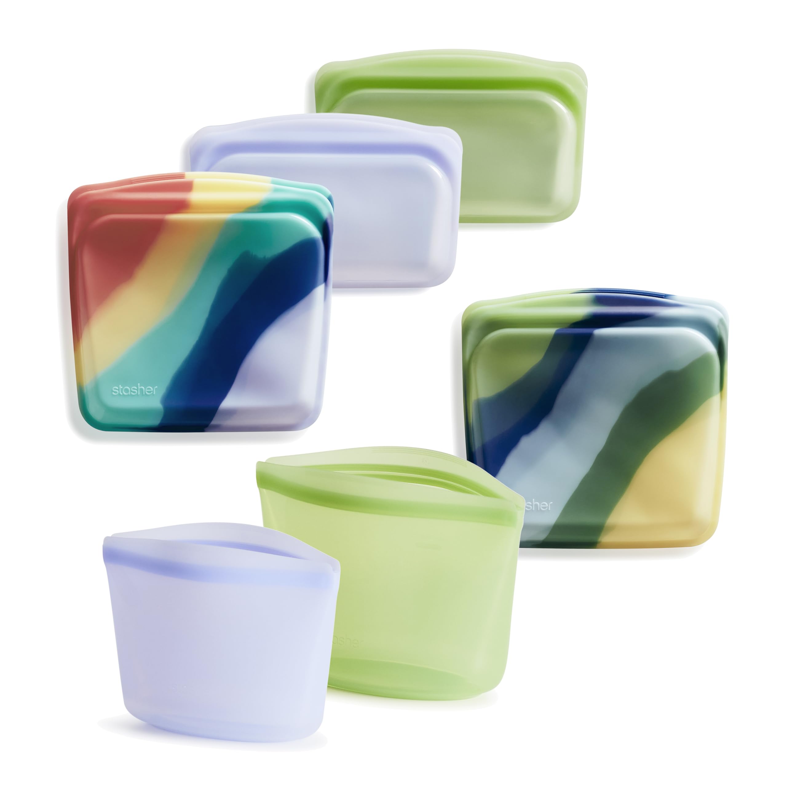Stasher Premium Silicone Reusable Food Storage Bags, 6-Pack, Multi | Multi-Use Food Storage Bags, Lunch Bag, Travel Containers | BPA Free, Leak-free, Dishwasher-Safe, Eco-friendly
