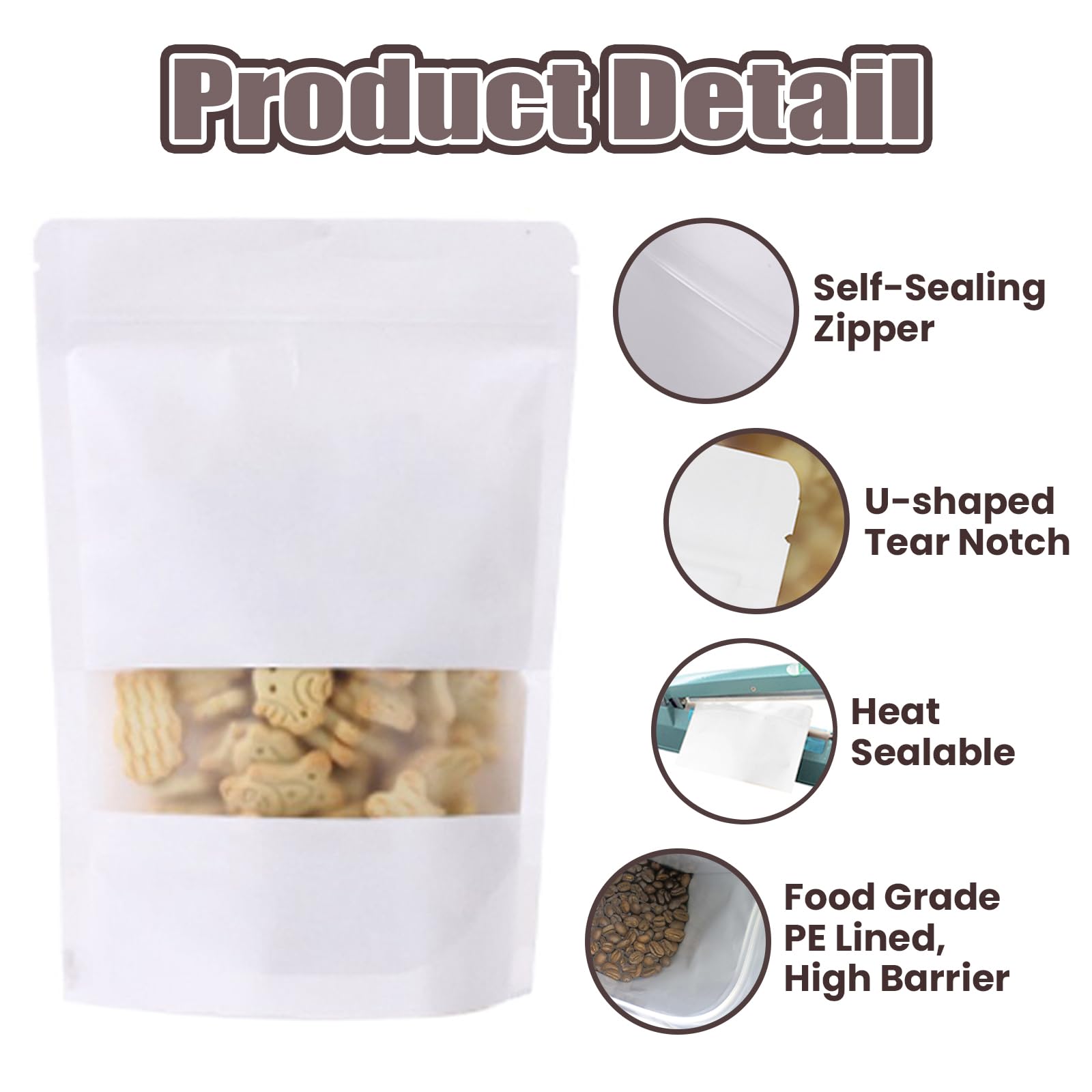 Muka 50 PCS 16 OZ White Kraft Mylar Bags Toaster Bags with Frosted Window, Heat Sealable, 8"W x 12"H x 4"D