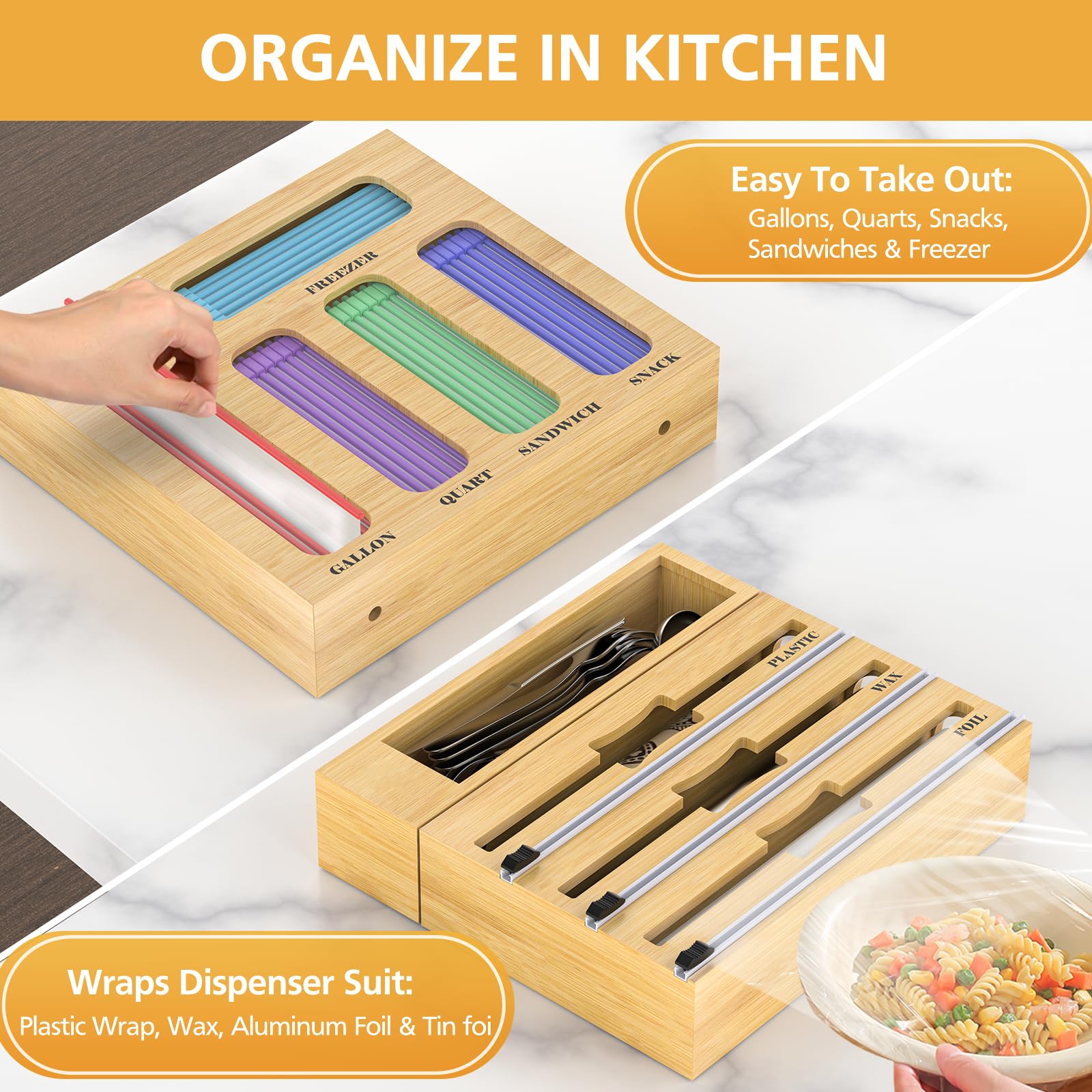 HOSTENU Storage Bag Organizer for Kitchen Drawer, 9 in 1 Foil and Plastic Wrap Dispenser with Cutter, Bamboo Plastic Baggie Organizer for Gallon, Quart, Sandwich, Snack & 12"" Rolls, Orange
