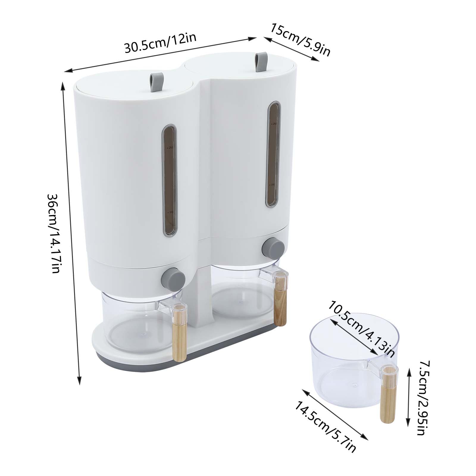 Xuthusman 11.02 lbs Dual Rice Dispenser with Two Measuring Cups, Free-standing Rice Dispenser, PP Dual Rice Storage Container 12 * 5.9 * 14.17in (White+Grey+Clear)