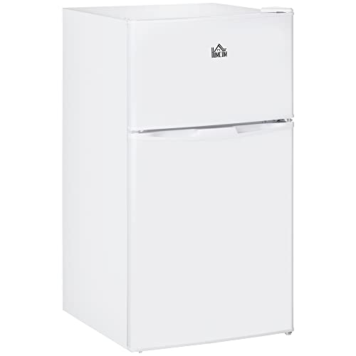 HOMCOM Double Door Mini Fridge with Freezer, 3.2 Cu.Ft Compact Refrigerator with Adjustable Shelf, Adjustable Thermostat and Reversible Door for Bedroom, Dorm, Home Office, White