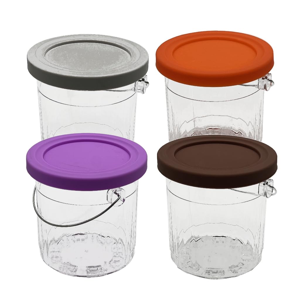 joystar Upgrade bucket Ice Creami Containers,Compatible with Ninja Creami Pints and Lids - 4 Pack, 16oz Cups NC301 NC300 NC299AMZ Series Ice Cream Maker (16oz pints NC300, Orange/purple/coffee/grey)
