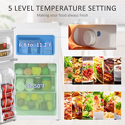 HOMCOM Double Door Mini Fridge with Freezer, 3.2 Cu.Ft Compact Refrigerator with Adjustable Shelf, Adjustable Thermostat and Reversible Door for Bedroom, Dorm, Home Office, White