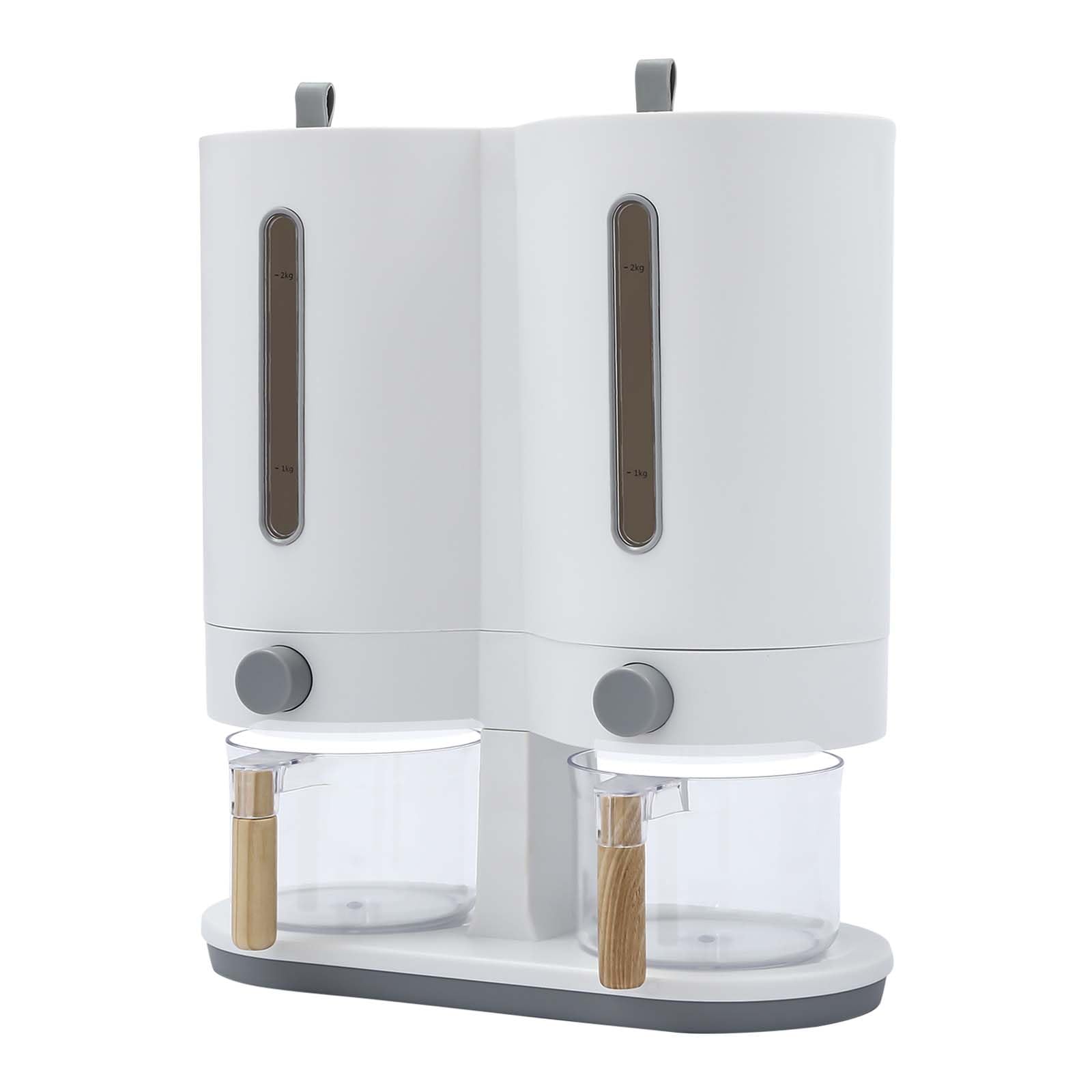 Xuthusman 11.02 lbs Dual Rice Dispenser with Two Measuring Cups, Free-standing Rice Dispenser, PP Dual Rice Storage Container 12 * 5.9 * 14.17in (White+Grey+Clear)