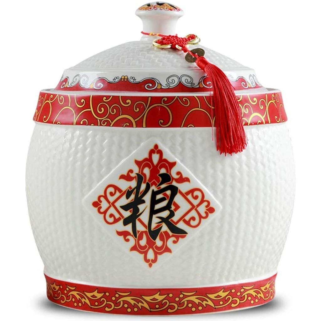 Classic Food Dispensers Ceramic Rice Bucket with Tassel Design, Household Rice Storage Box with Lid, Chinese Sealed Large-Capacity Rice Pot, 4-12.5KG141-441 OZ