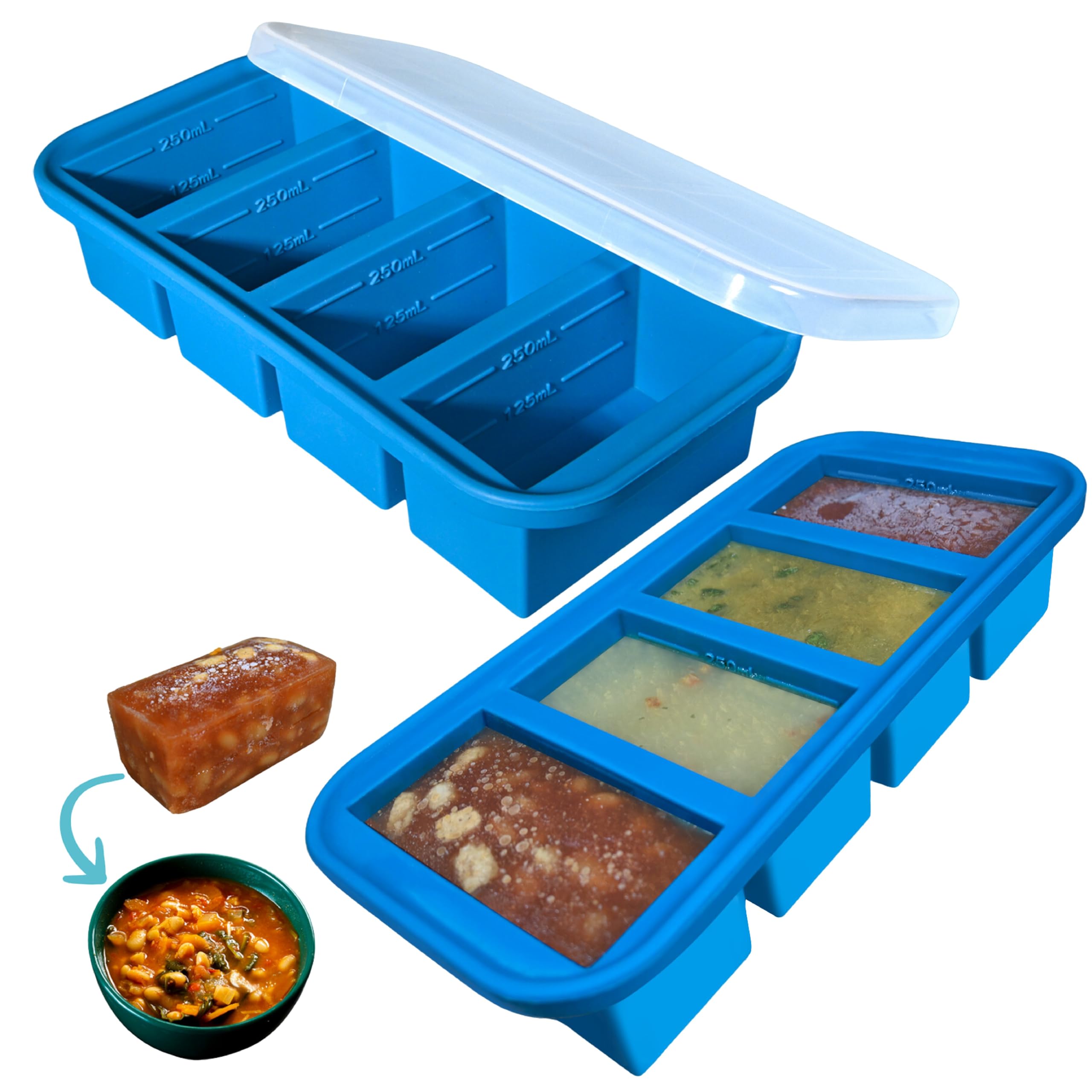 Sandunes 1 Cup Silicone Freezer Molds - Soup Cubes Perfect for Freezing Soup, Sauce, Rice, Leftovers and More - Silicone Freezer Trays with Lids for Meal Prep - Blue - 2-Pack