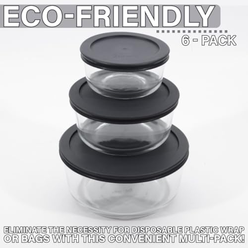 CIBI Food Storage Container Lids (2 Cups, Black - 6PK) Compatible with Pyrex and Anchor Round Glass Containers, Dishwasher and Microwave Safe Replacement Lids