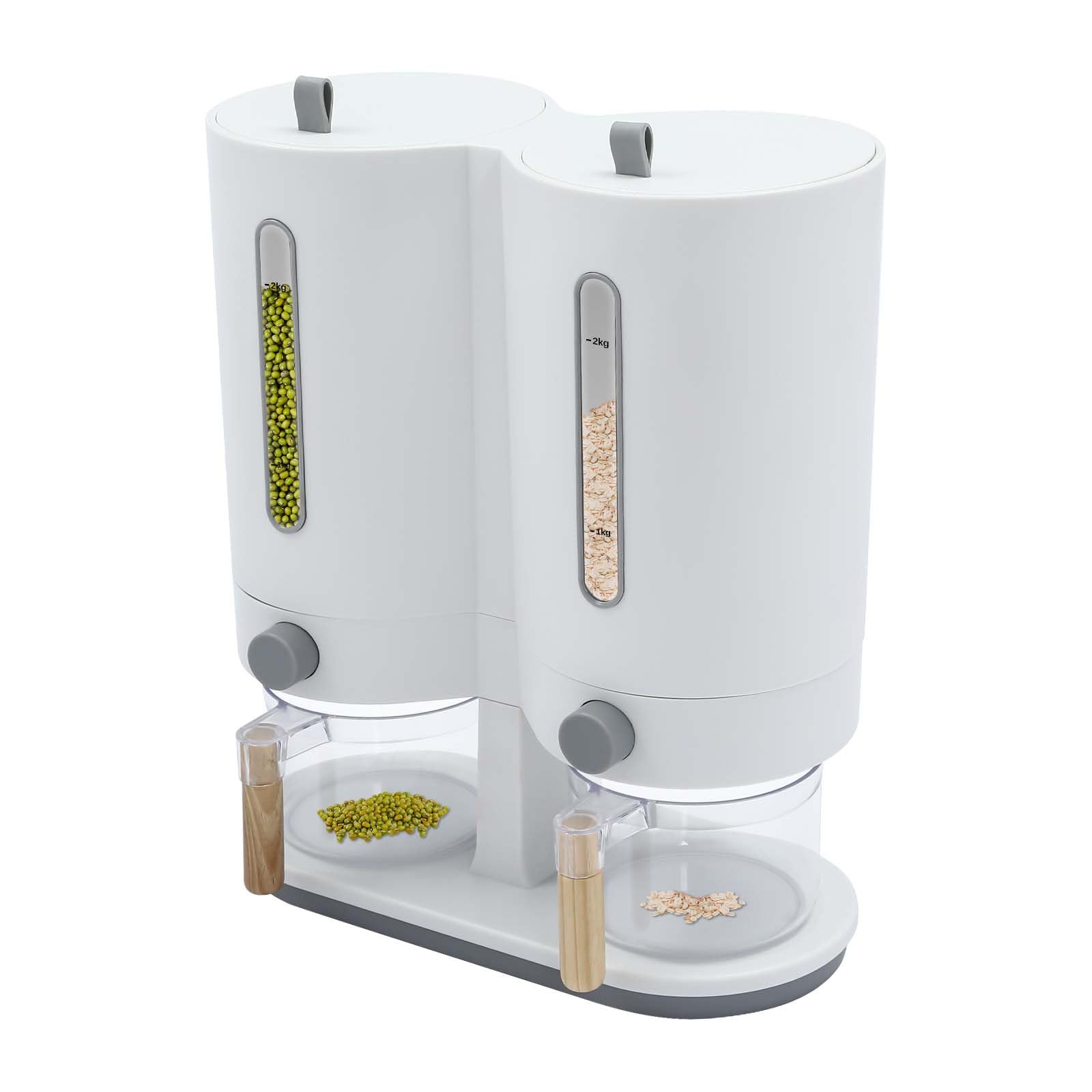 Xuthusman 11.02 lbs Dual Rice Dispenser with Two Measuring Cups, Free-standing Rice Dispenser, PP Dual Rice Storage Container 12 * 5.9 * 14.17in (White+Grey+Clear)