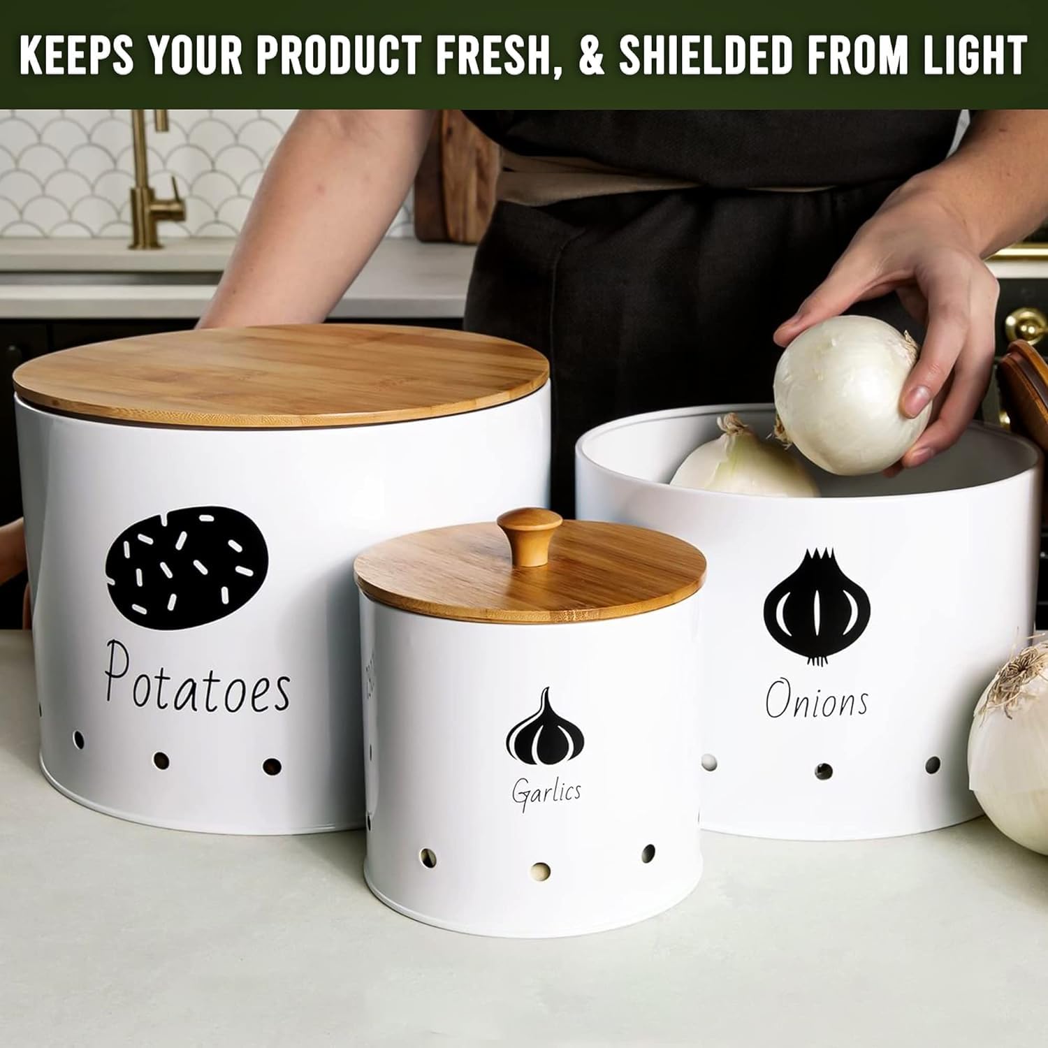 Potato and Onion Storage Bin with Wooden Lid – Set of 3 Garlic, Onion, And Potato Storage for Pantry - Potato Onion Kitchen Storage Canisters – Aerating Tin Storage Holes Keeps Vegetable Fresh