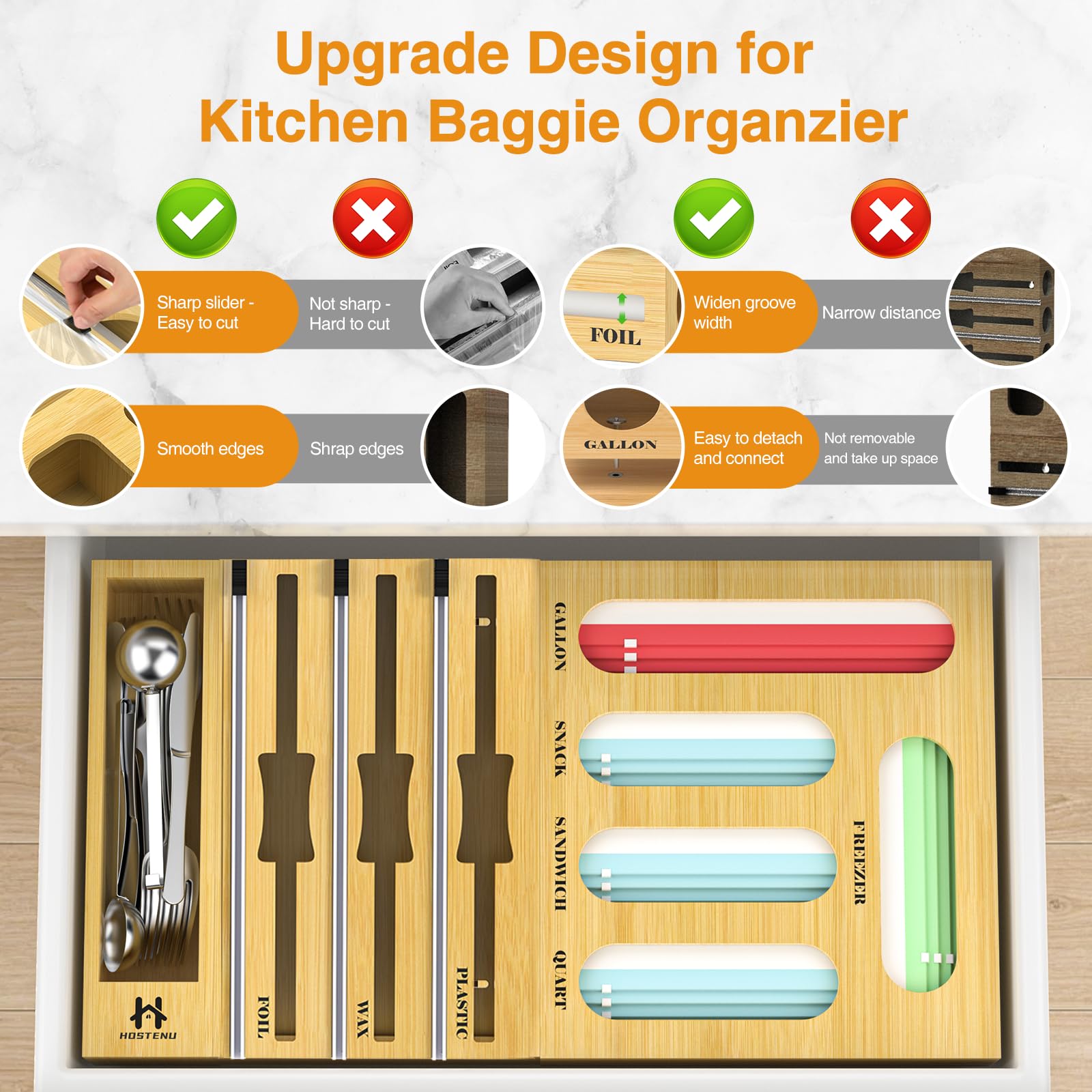 HOSTENU Storage Bag Organizer for Kitchen Drawer, 9 in 1 Foil and Plastic Wrap Dispenser with Cutter, Bamboo Plastic Baggie Organizer for Gallon, Quart, Sandwich, Snack & 12"" Rolls, Orange