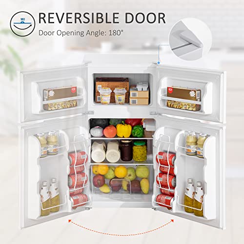 HOMCOM Double Door Mini Fridge with Freezer, 3.2 Cu.Ft Compact Refrigerator with Adjustable Shelf, Adjustable Thermostat and Reversible Door for Bedroom, Dorm, Home Office, White