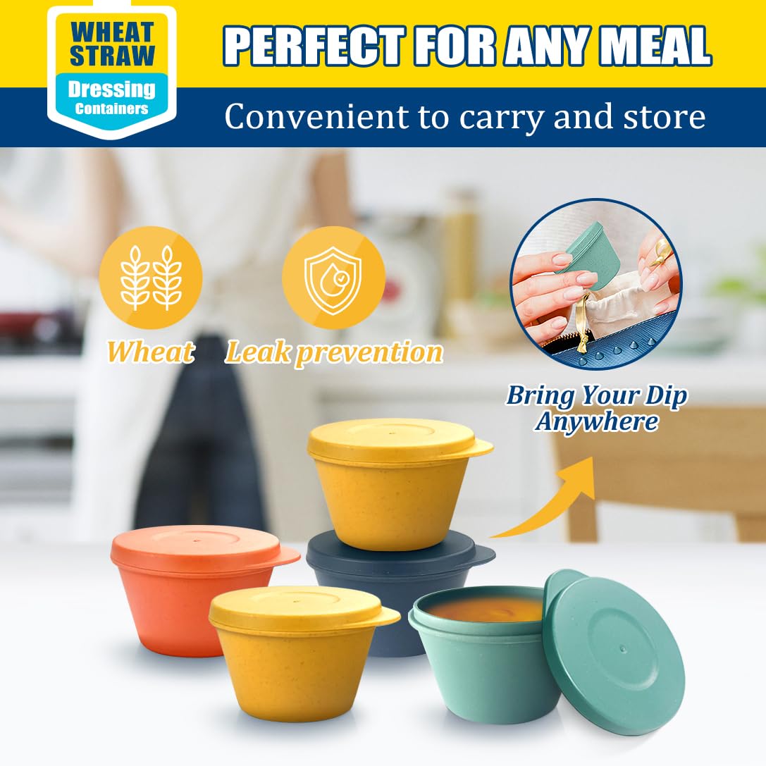 Teivio 12 Pack Reusable Wheat Straw Salad Dressing Containers To Go, 2oz Small Plastic Condiment Container with Lid, Snack Container Dipping Sauce Cups for Lunch Box Picnic Travel, Autumn Multicolo