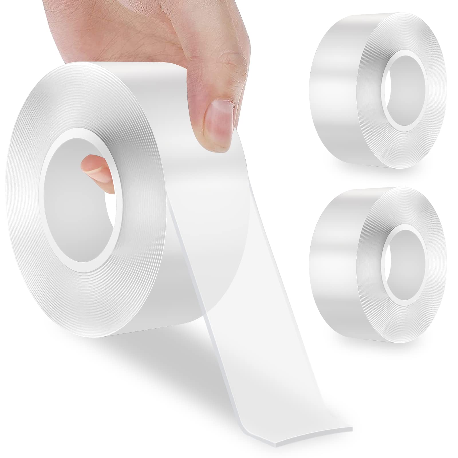 3 Rolls Double Sided Tape Heavy Duty(29.8FT, 0.75 in Wide),Nano-Acrylic Material,Washed and Reusable,Self-Adhesive,Environmental Protection,Transparent Wall Tape for TV,Home,Office,Car,Kitchen Holder