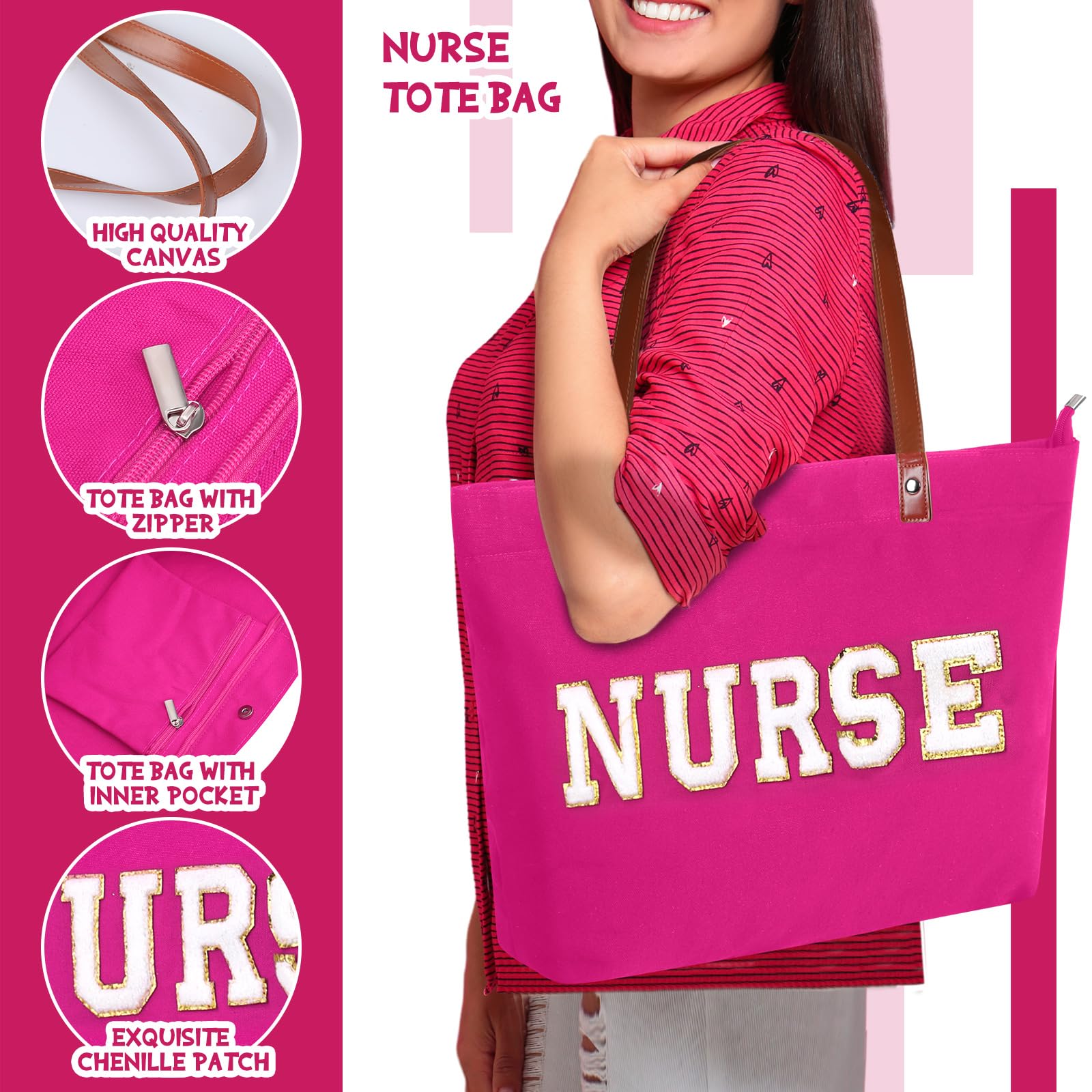 Locmeo 2 Pcs Tote Bag Gift for Teacher Nurse Dance Preppy Makeup Bag Cosmetic Women Chenille Letter School party(Nurse)