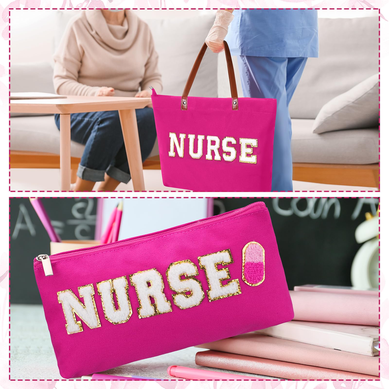 Locmeo 2 Pcs Tote Bag Gift for Teacher Nurse Dance Preppy Makeup Bag Cosmetic Women Chenille Letter School party(Nurse)