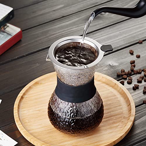 Pour over coffee maker,600ml/20oz Paperless Borosilicate Glass Carafe and Reusable Stainless Steel Permanent Filter,Manual Coffee Dripper Brewer with Protective Silicone Sleeve,Glass Coffee Pot