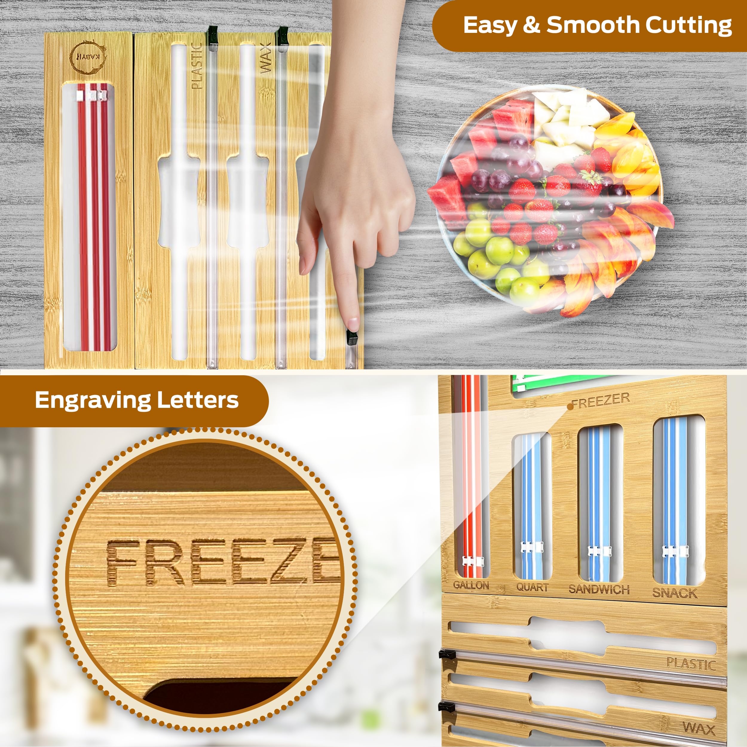Kaby Storage Bag Organizer, Foil and plastic Wrap Organizer with Cutter, Kitchen Organizers and Storage Compatible with Gallon, Quart, Sandwich, Snack Bags and 12" Aluminum Foil & Wax Paper