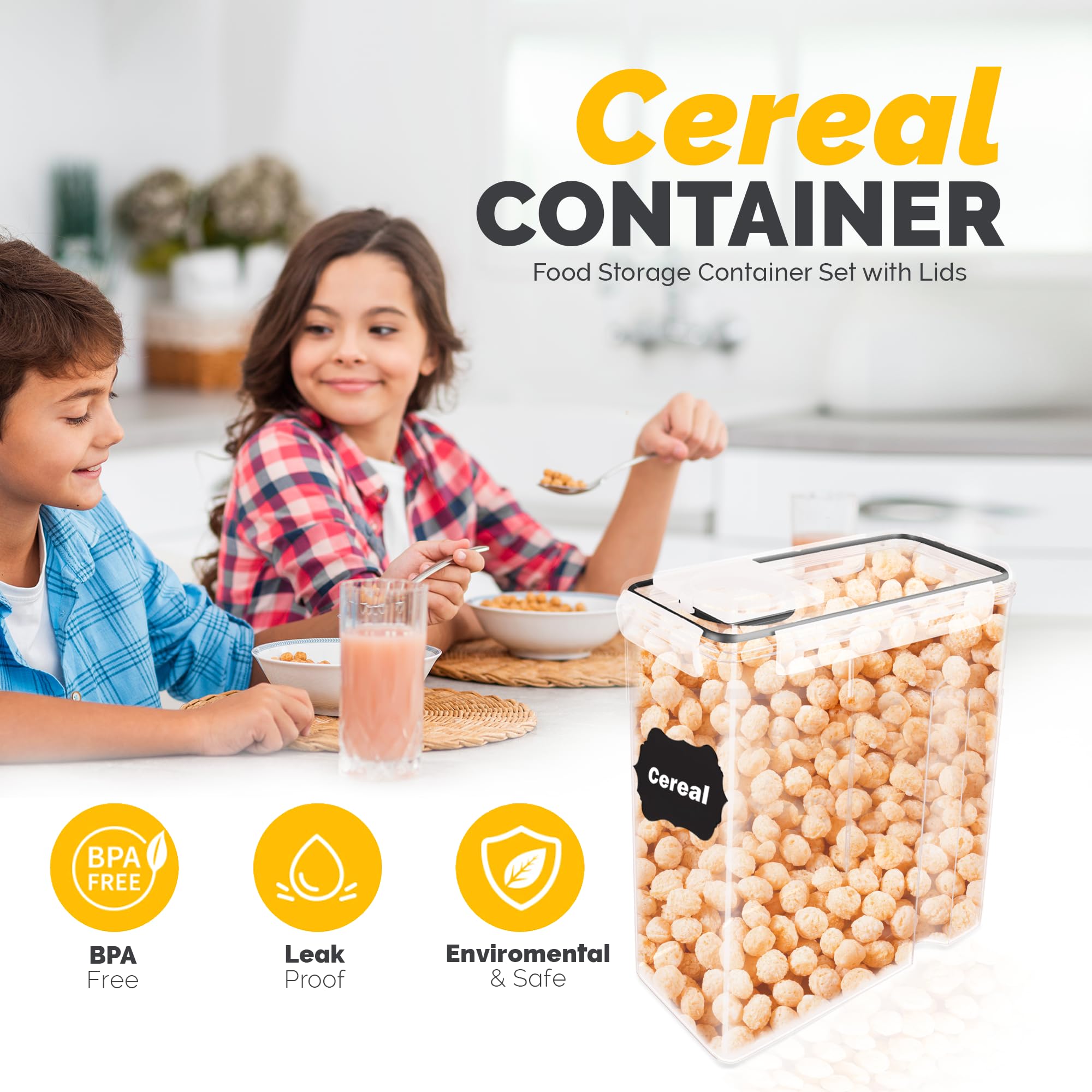 Generic UHS Cereal Containers Storage - 4-Piece Airtight Container Set, Transparent Food Organizers with Lids 4 Liter Reusable Labels & Marker, Clear