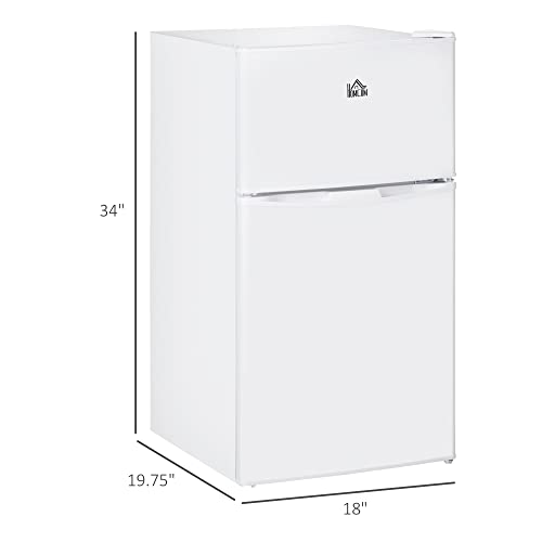 HOMCOM Double Door Mini Fridge with Freezer, 3.2 Cu.Ft Compact Refrigerator with Adjustable Shelf, Adjustable Thermostat and Reversible Door for Bedroom, Dorm, Home Office, White
