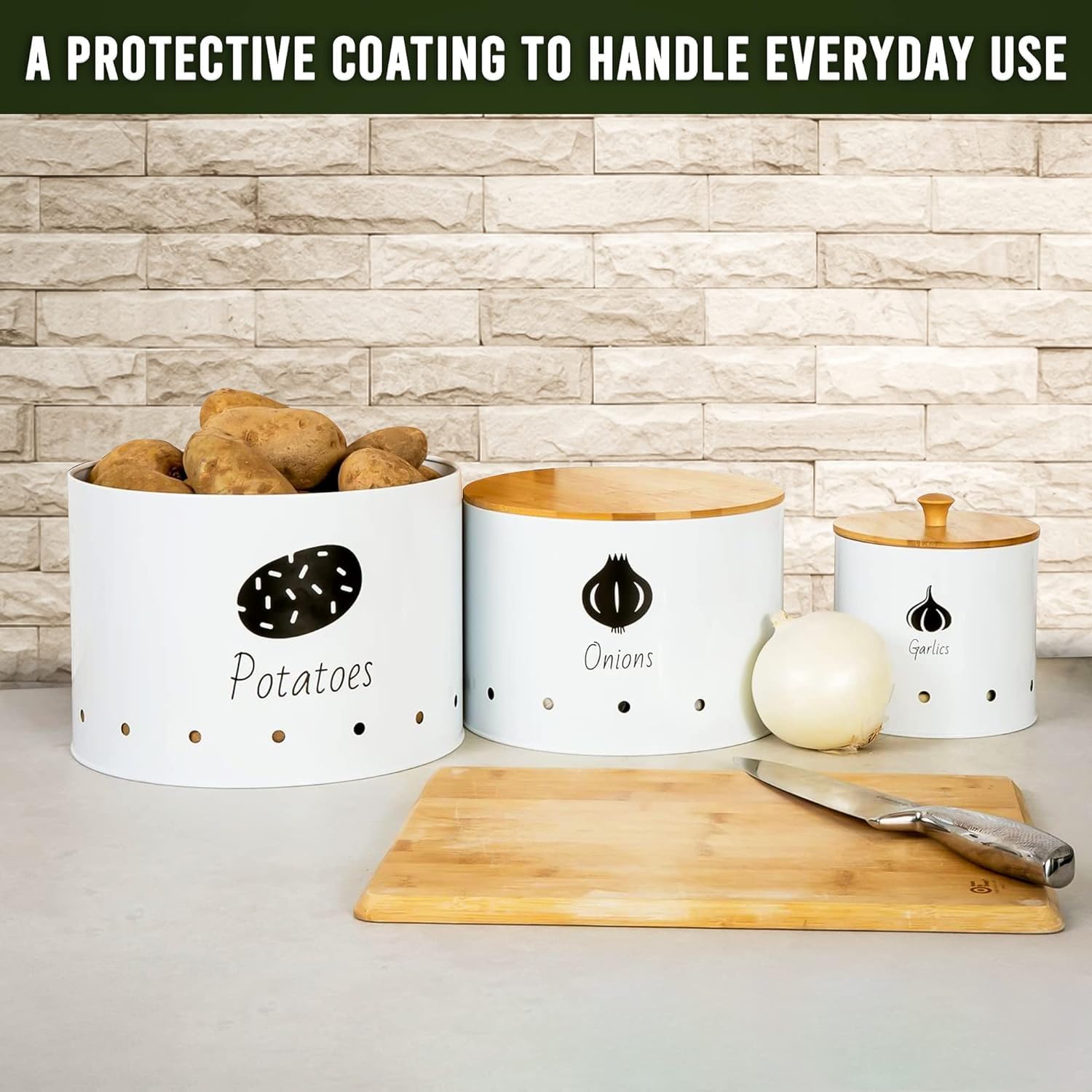 Potato and Onion Storage Bin with Wooden Lid – Set of 3 Garlic, Onion, And Potato Storage for Pantry - Potato Onion Kitchen Storage Canisters – Aerating Tin Storage Holes Keeps Vegetable Fresh