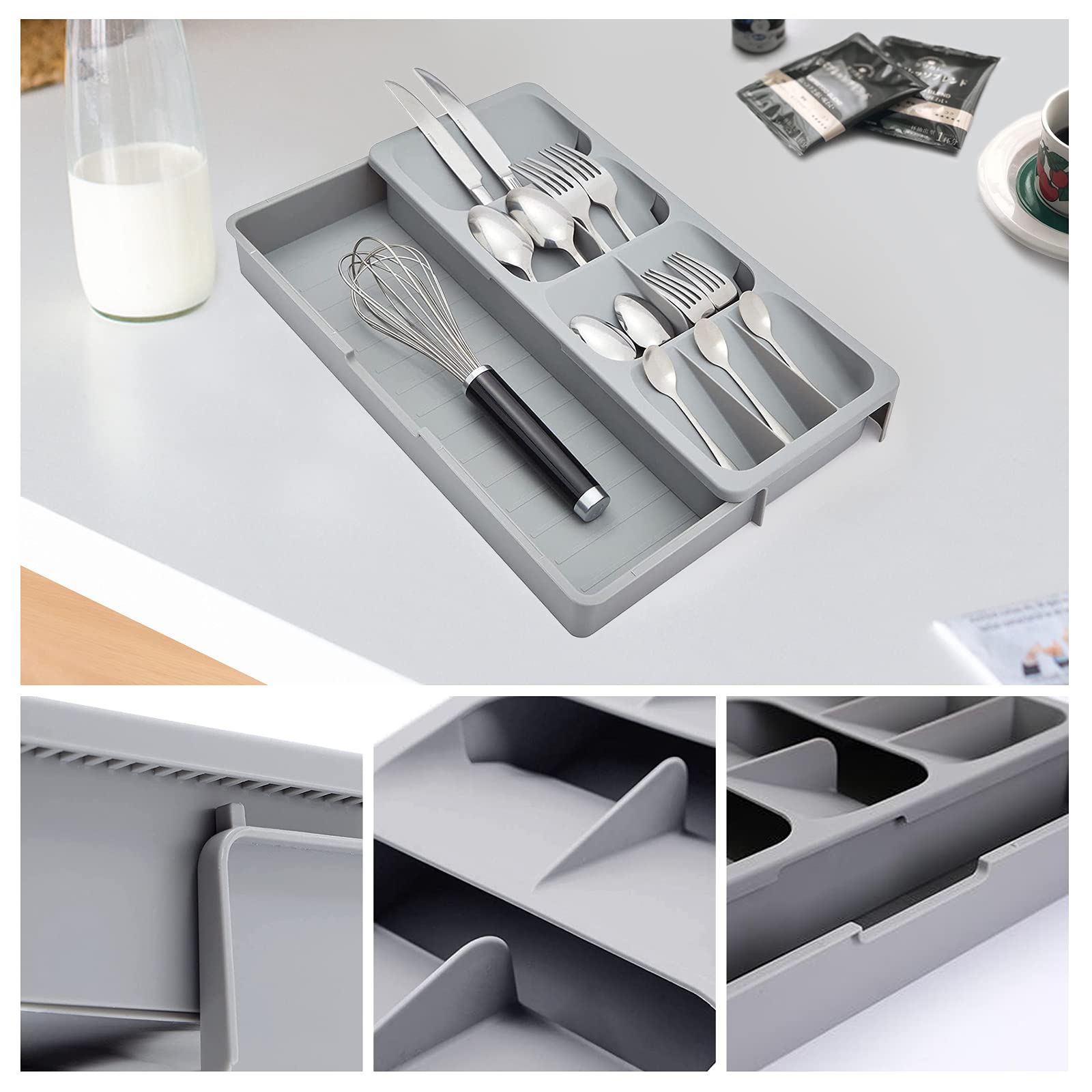 Moi Doi Kitchen Drawer Organizer Silverware Organizer for Kitchen Storage Tray Box for Cutlery Spoon Knife and Fork Partition Storage Gray