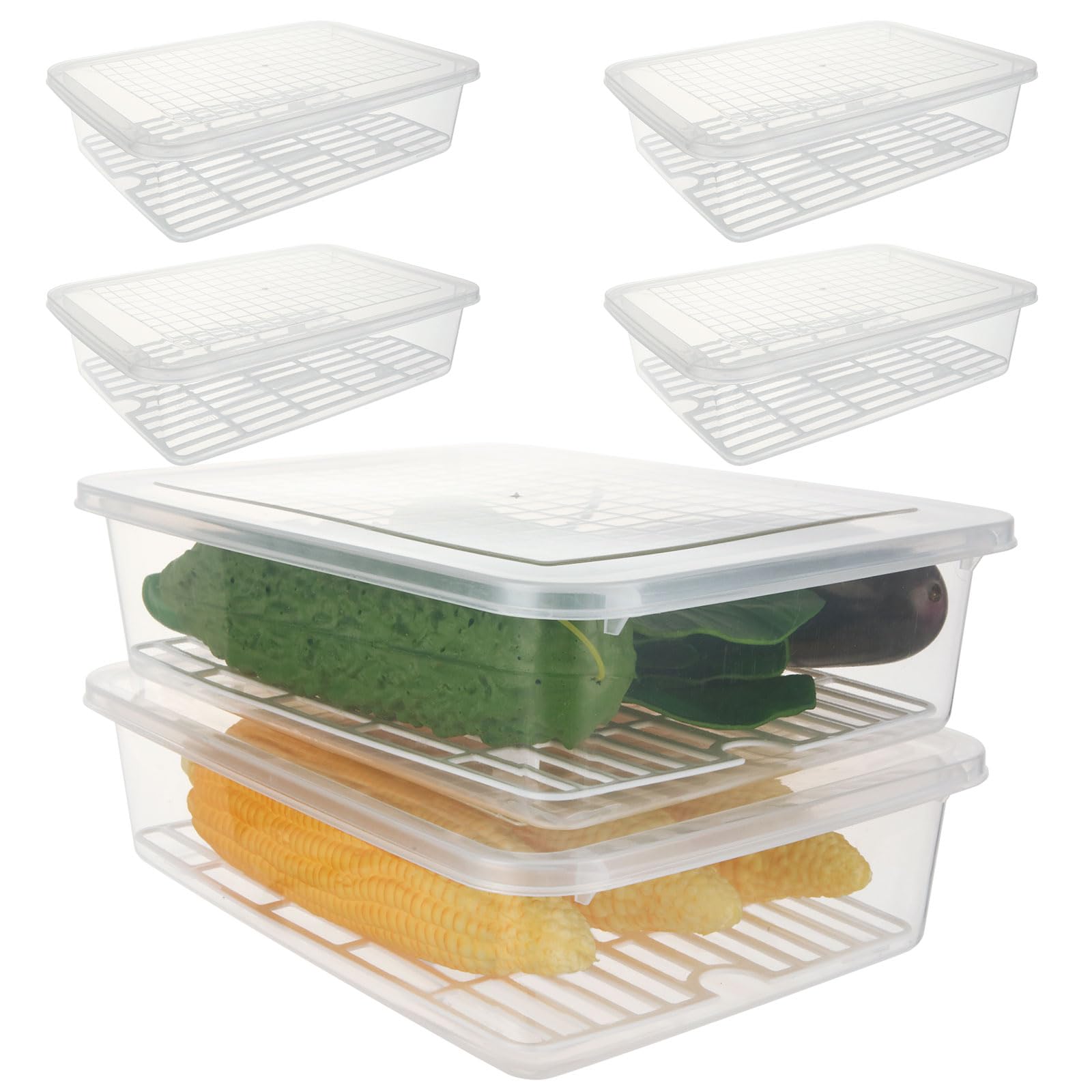 MUXHEL 6 Pcs Food Storage Container for Fridge, X-Large Fruit Storage Containers for Fridge with Lid and Removable Drain Plate, Plastic Freezer Storage Containers for Storing Fruits, Vegetables, Meat