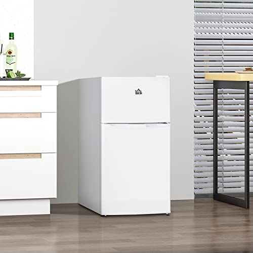 HOMCOM Double Door Mini Fridge with Freezer, 3.2 Cu.Ft Compact Refrigerator with Adjustable Shelf, Adjustable Thermostat and Reversible Door for Bedroom, Dorm, Home Office, White