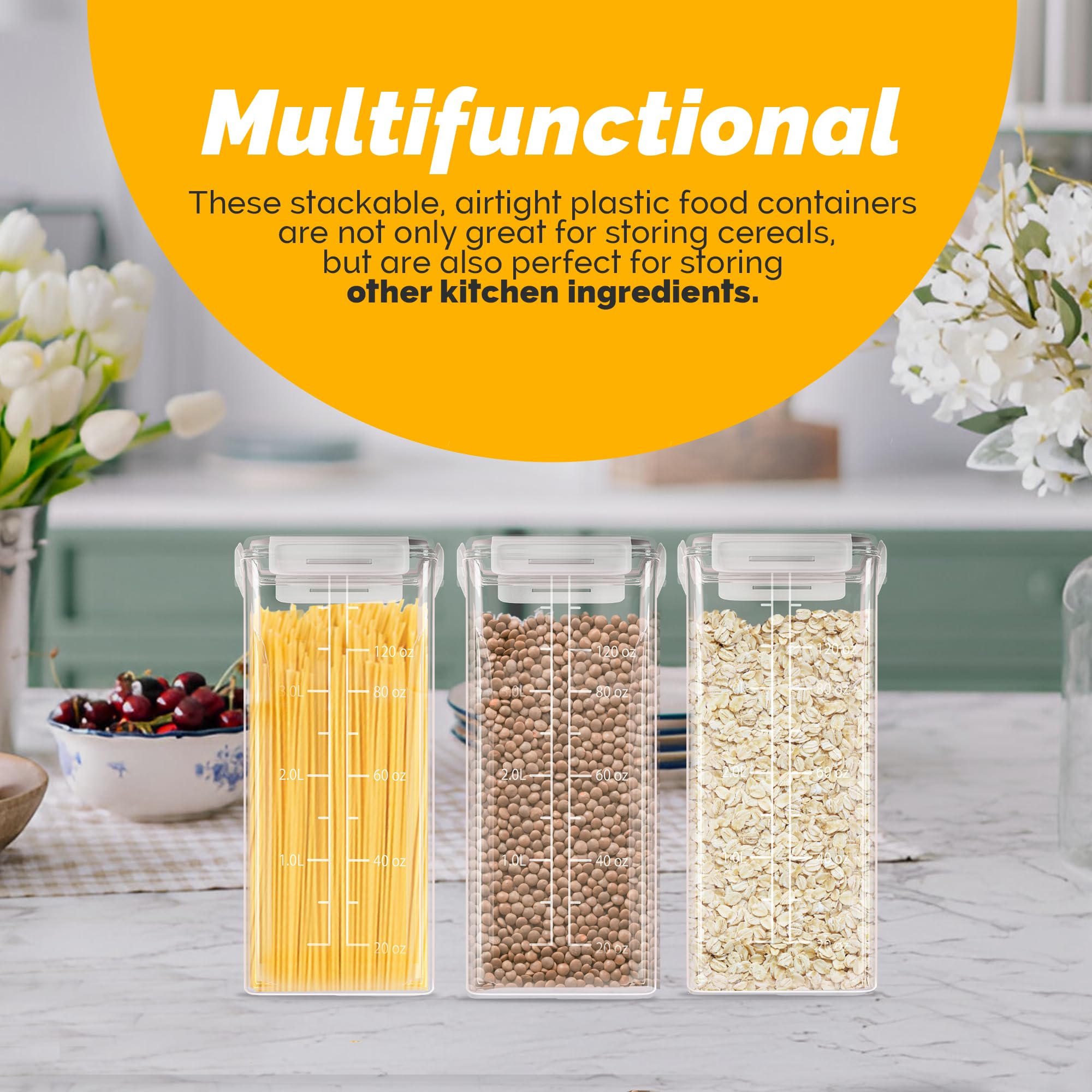 Generic UHS Cereal Containers Storage - 4-Piece Airtight Container Set, Transparent Food Organizers with Lids 4 Liter Reusable Labels & Marker, Clear