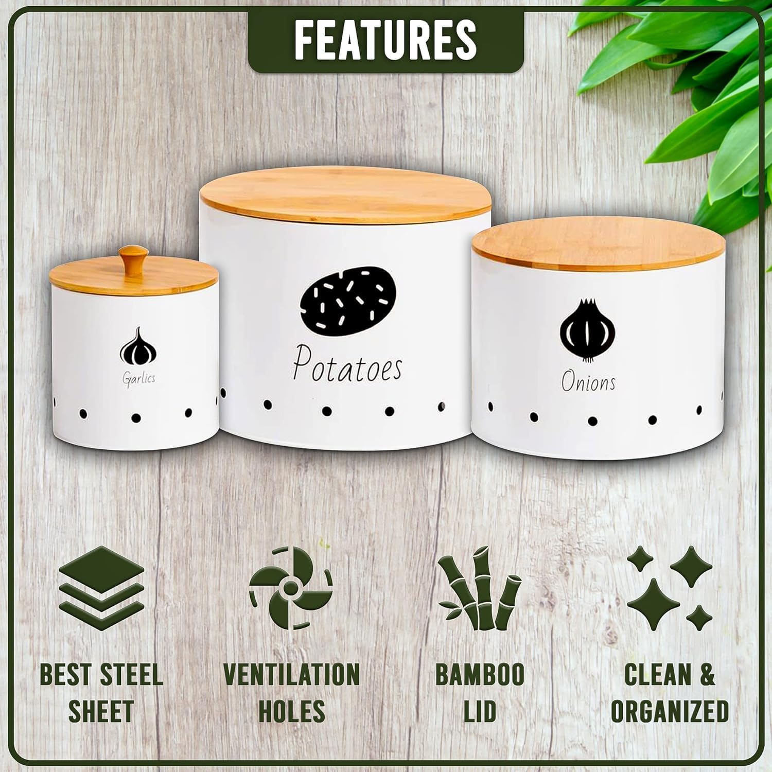 Potato and Onion Storage Bin with Wooden Lid – Set of 3 Garlic, Onion, And Potato Storage for Pantry - Potato Onion Kitchen Storage Canisters – Aerating Tin Storage Holes Keeps Vegetable Fresh