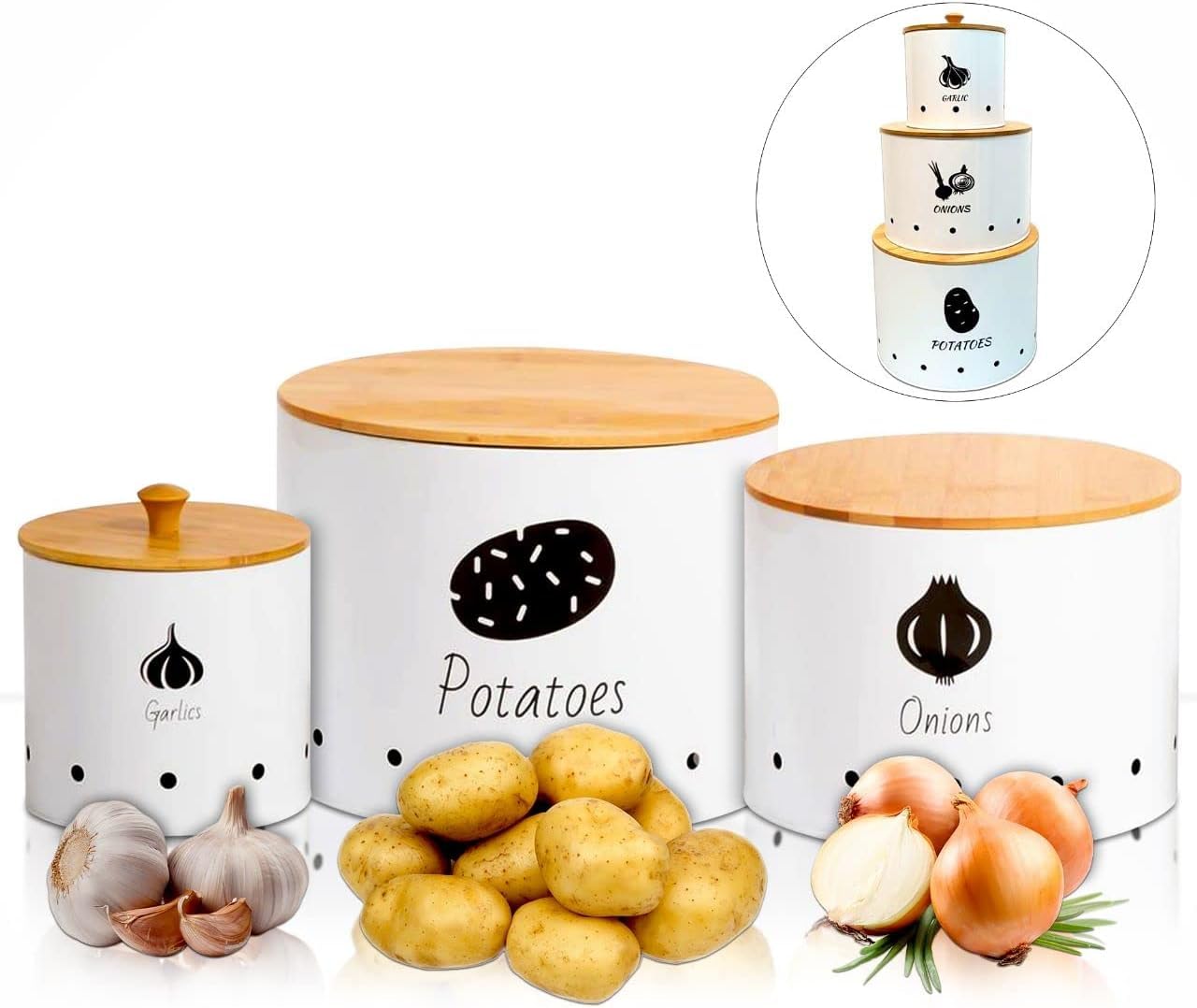 Potato and Onion Storage Bin with Wooden Lid – Set of 3 Garlic, Onion, And Potato Storage for Pantry - Potato Onion Kitchen Storage Canisters – Aerating Tin Storage Holes Keeps Vegetable Fresh