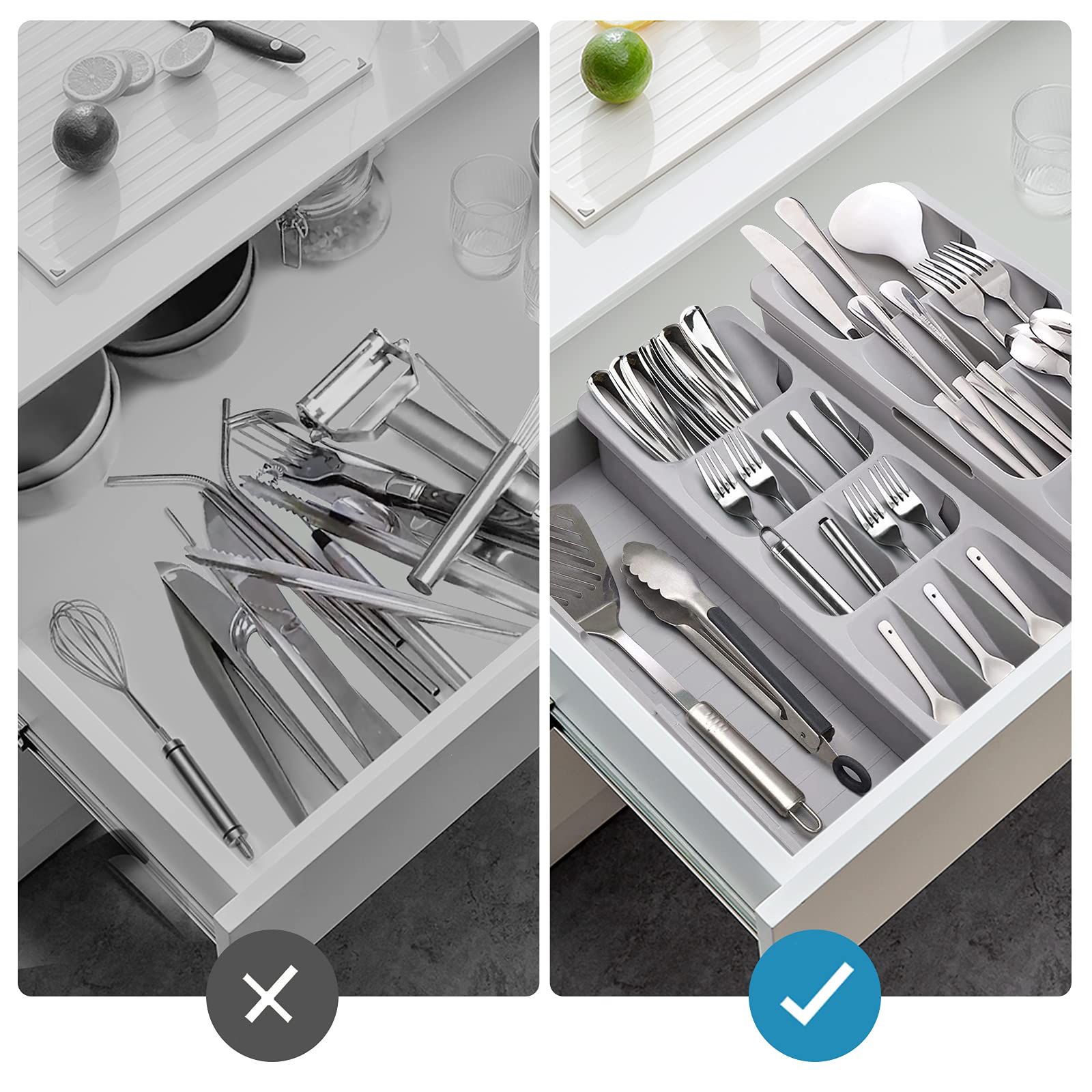 Moi Doi Kitchen Drawer Organizer Silverware Organizer for Kitchen Storage Tray Box for Cutlery Spoon Knife and Fork Partition Storage Gray