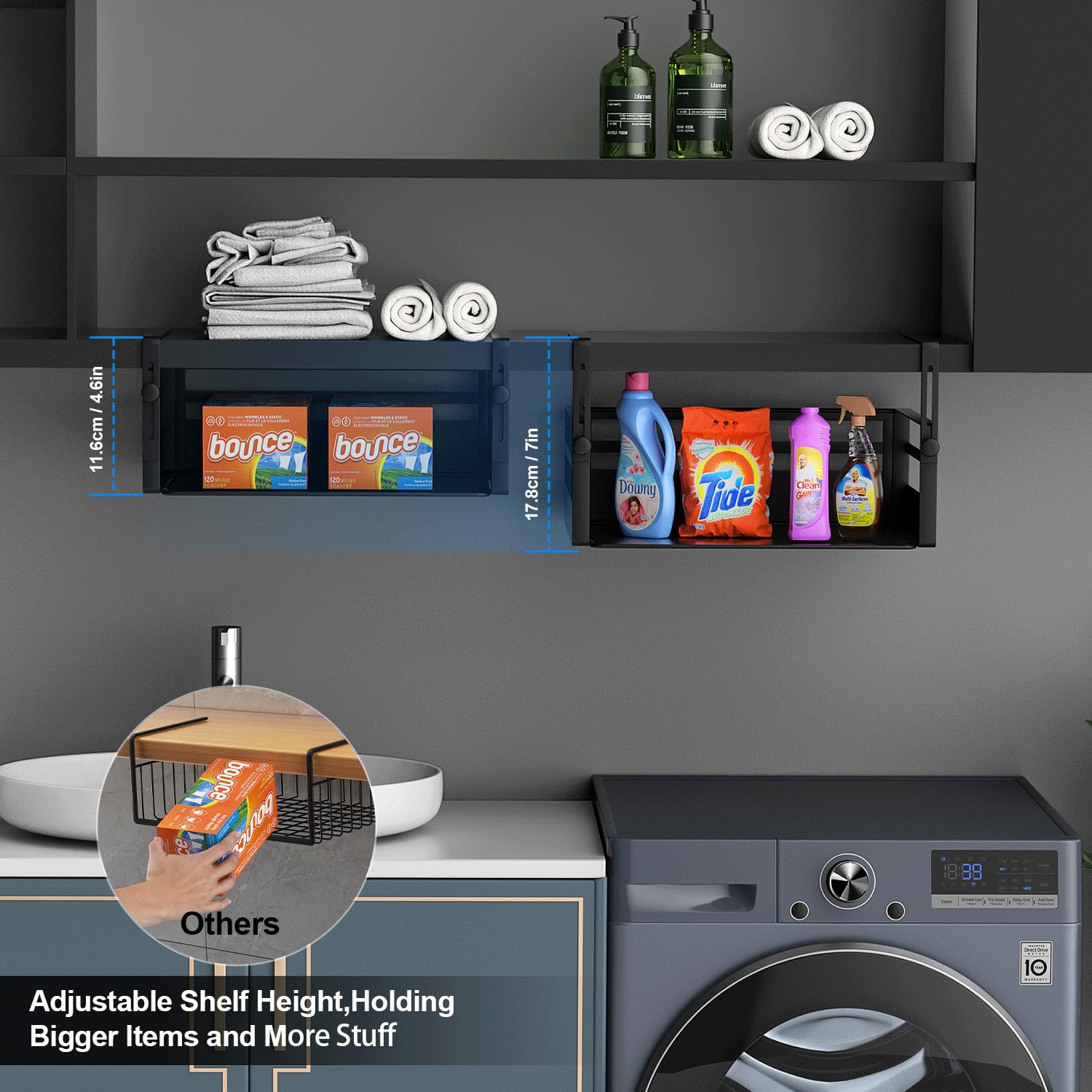 AmonHouseware 2 Pack Under Shelf Storage Basket Organizer,Adjustable Hanging Under Cabinet Add-on Storage Racks Slide-in Baskets Organizer for Laundry Room Kitchen Pantry Desk Bookshelf, Black