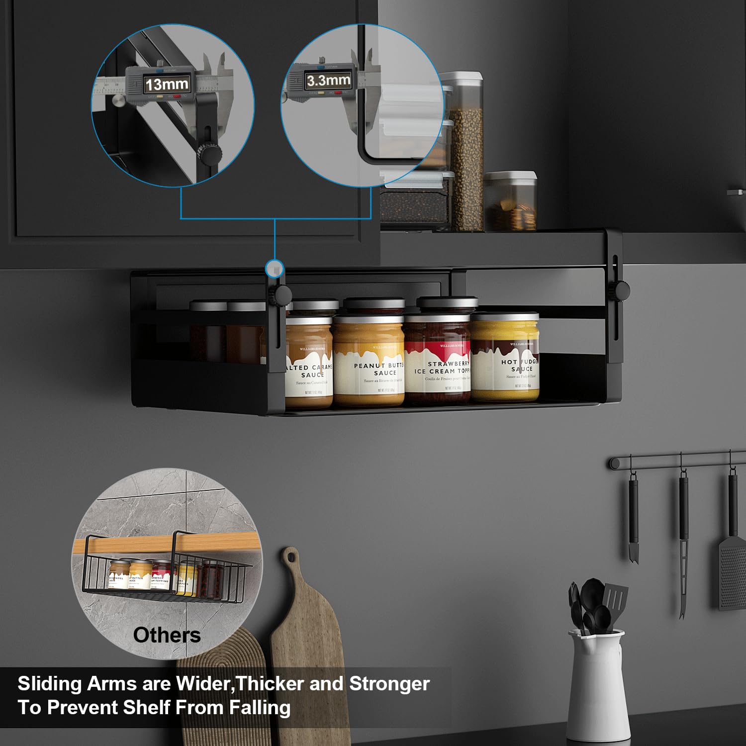 AmonHouseware 2 Pack Under Shelf Storage Basket Organizer,Adjustable Hanging Under Cabinet Add-on Storage Racks Slide-in Baskets Organizer for Laundry Room Kitchen Pantry Desk Bookshelf, Black
