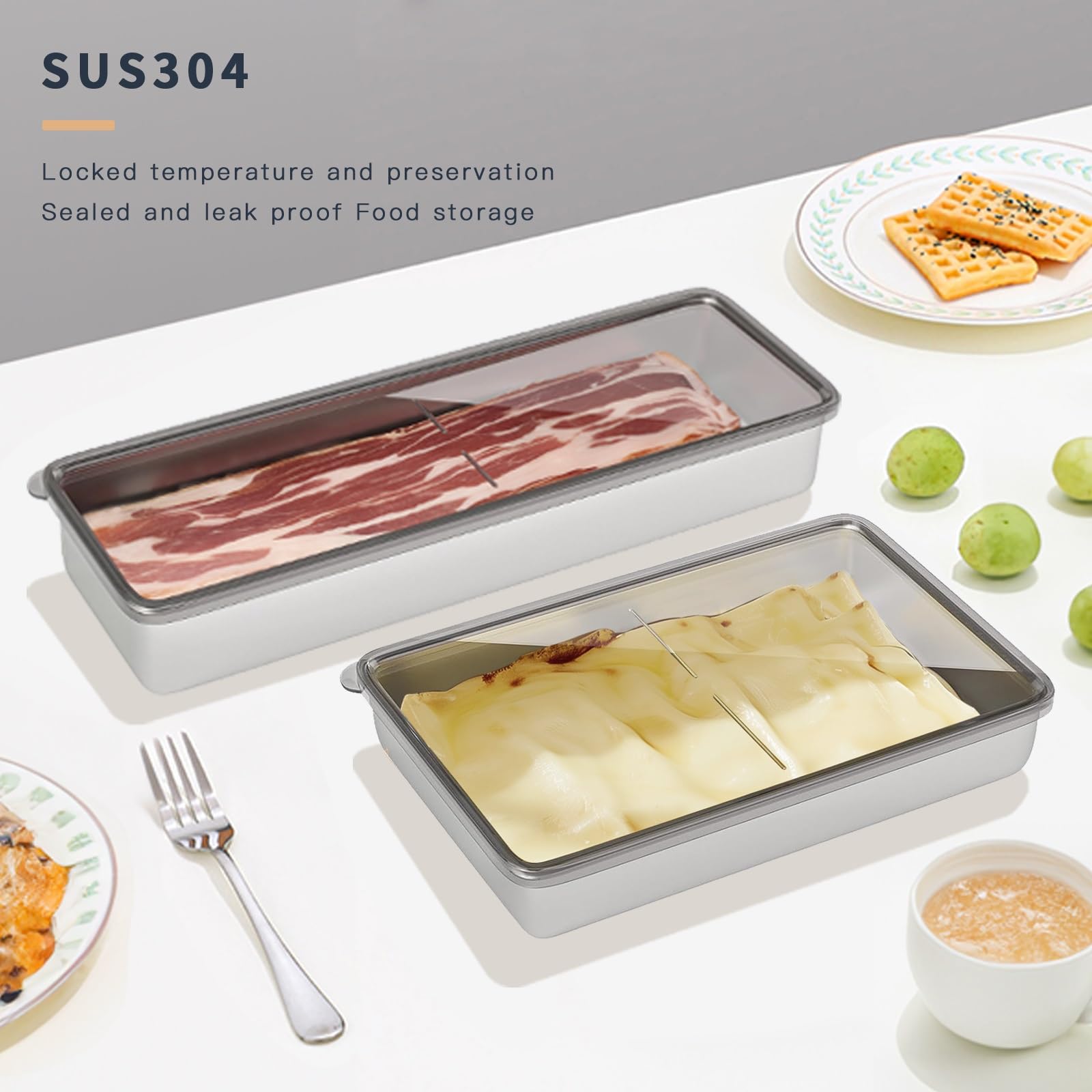 2 Pcs Deli Containers with Lids, Bacon Container for Refrigerator, Fridge Organizer, Cheese Container for Fridge, Dishwasher Safe Long Deli Meat Storage Containers Fruit Tray with Lids