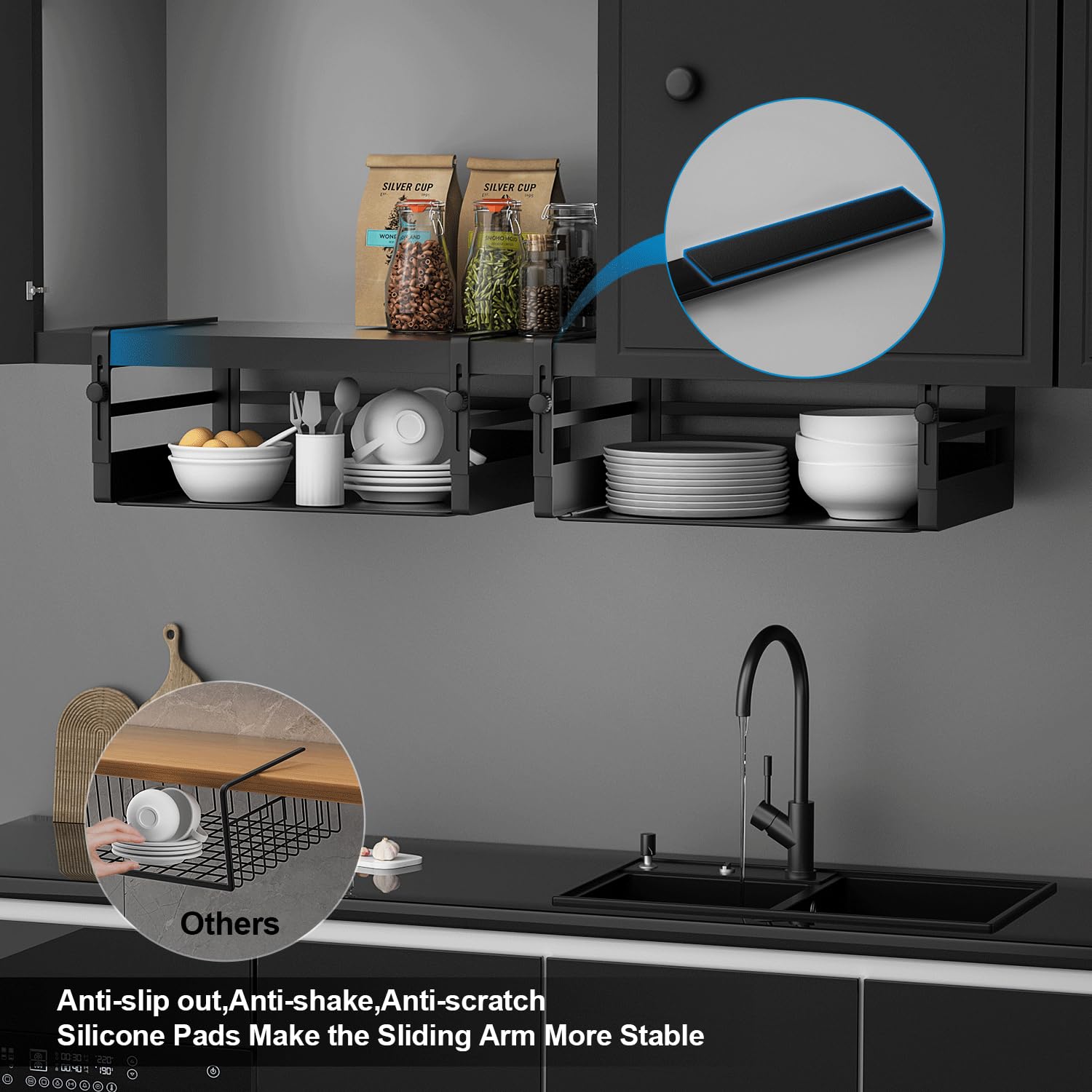 AmonHouseware 2 Pack Under Shelf Storage Basket Organizer,Adjustable Hanging Under Cabinet Add-on Storage Racks Slide-in Baskets Organizer for Laundry Room Kitchen Pantry Desk Bookshelf, Black
