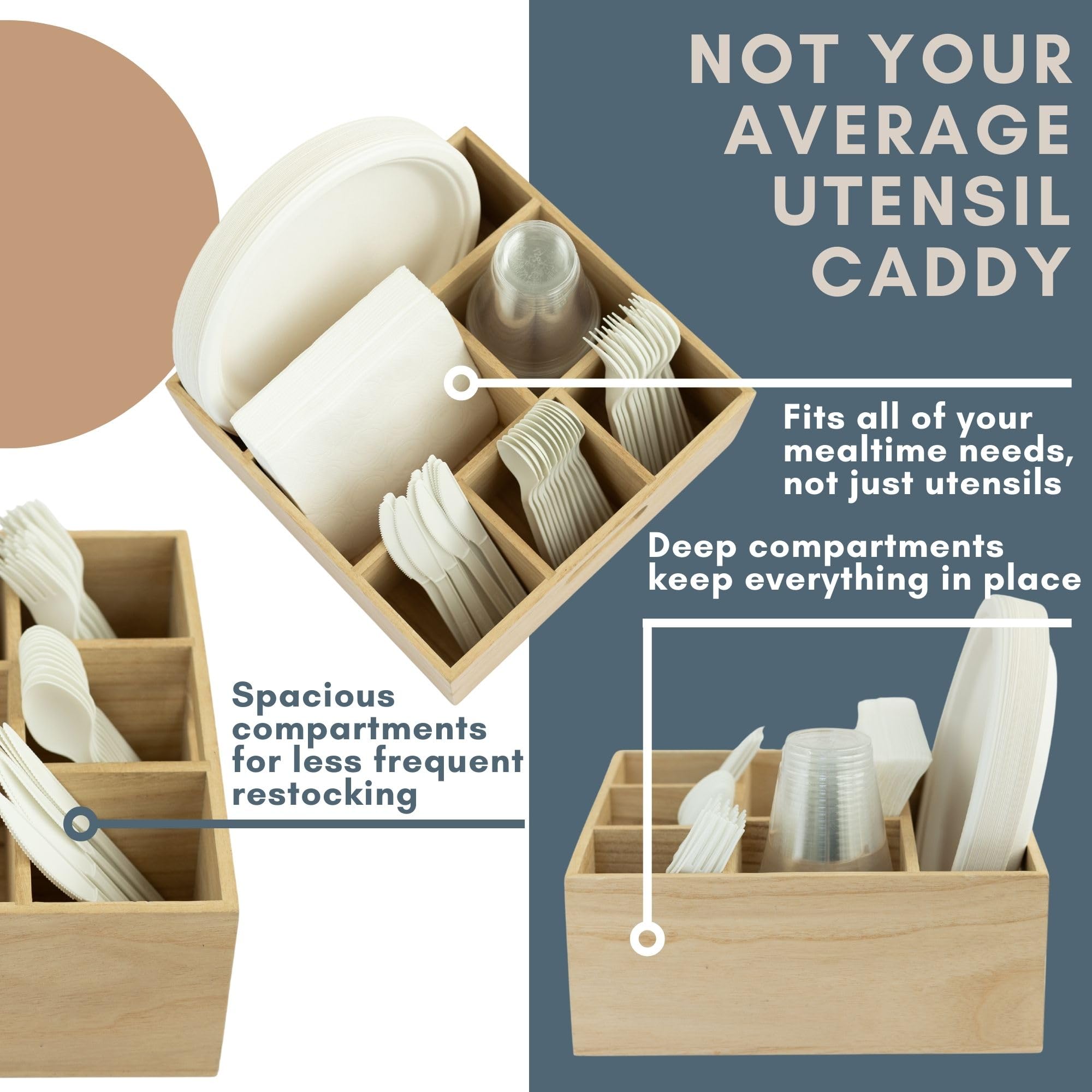 Large Wooden Silverware Caddy For Party, Holds Plates, Napkins, Cups, Forks, Spoons, and Knives, Utensil Holder for Party, Hosting Essentials, Cutlery Holder for Party, Flatware Caddy, Utensil Caddy