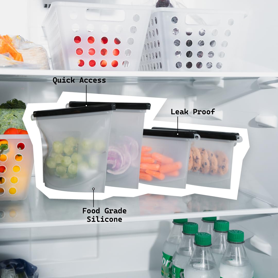 Silicone Storage Bags - 4 Pack Reusable Bags for Food Storage - 2 Medium & 2 Small Silicone Snack Bags - Reusable Ziploc Bags Ideal for Storage and Organization - Silicone Food Storage Bag by Knivi
